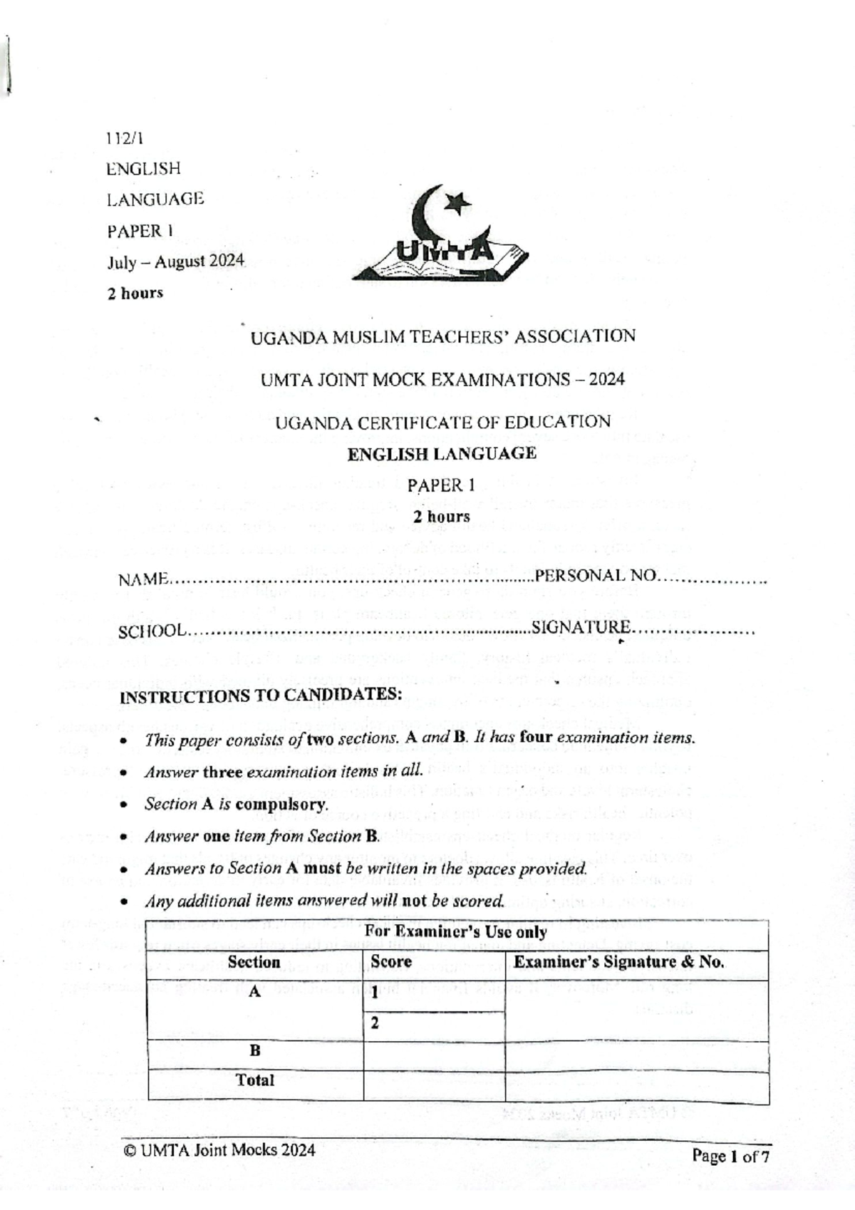 UMTA Joint Mock Exam 2024: English Language Paper 1 - Studocu