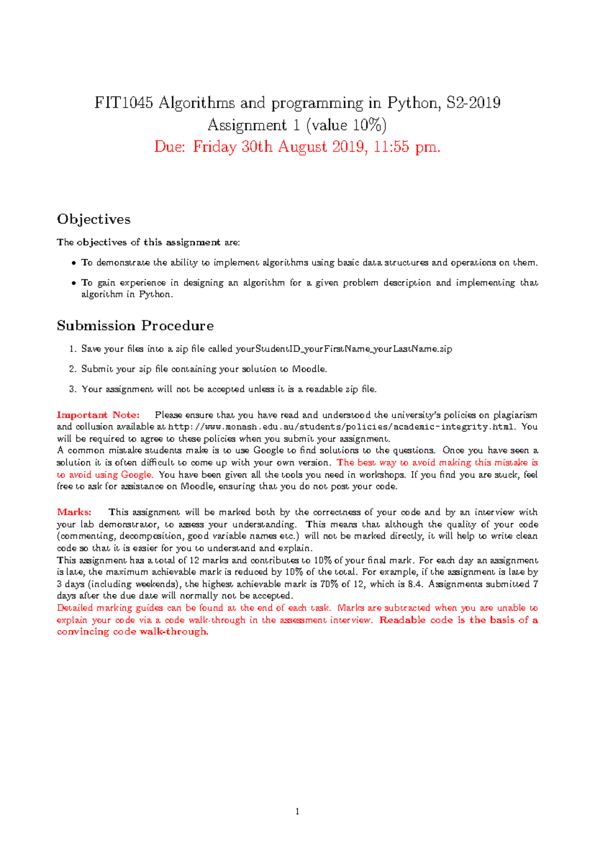Assignment 1 - FIT1045 Algorithms and programming in Python, S2- Assignment 1 (value 10%) Due ...