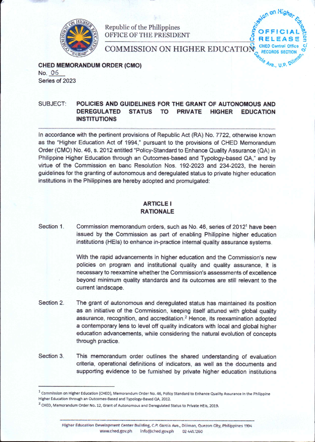 CHED CMO No. 06 Series 2023: Guidelines for Autonomous & Deregulated ...