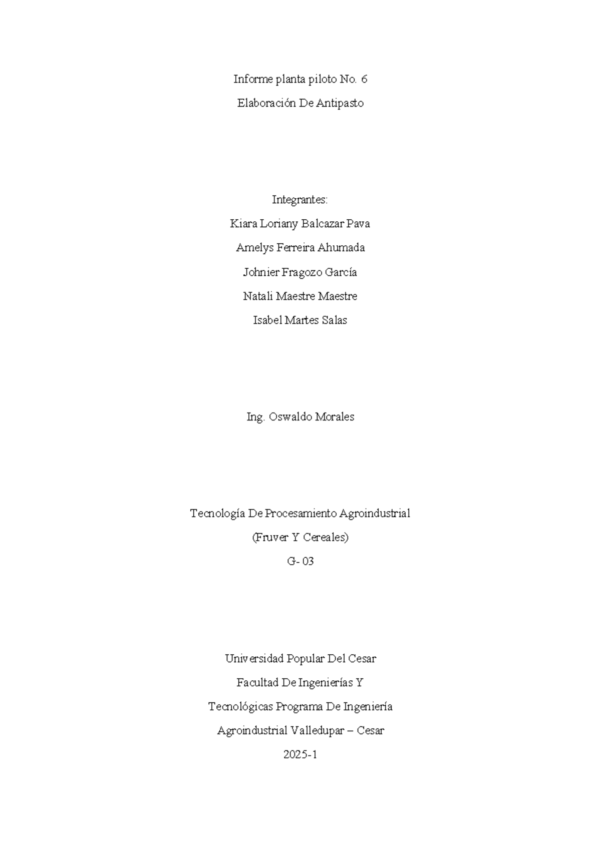 Informe de Laboratorio: Elaboración de Antipasto de Pollo - TEC-03 ...