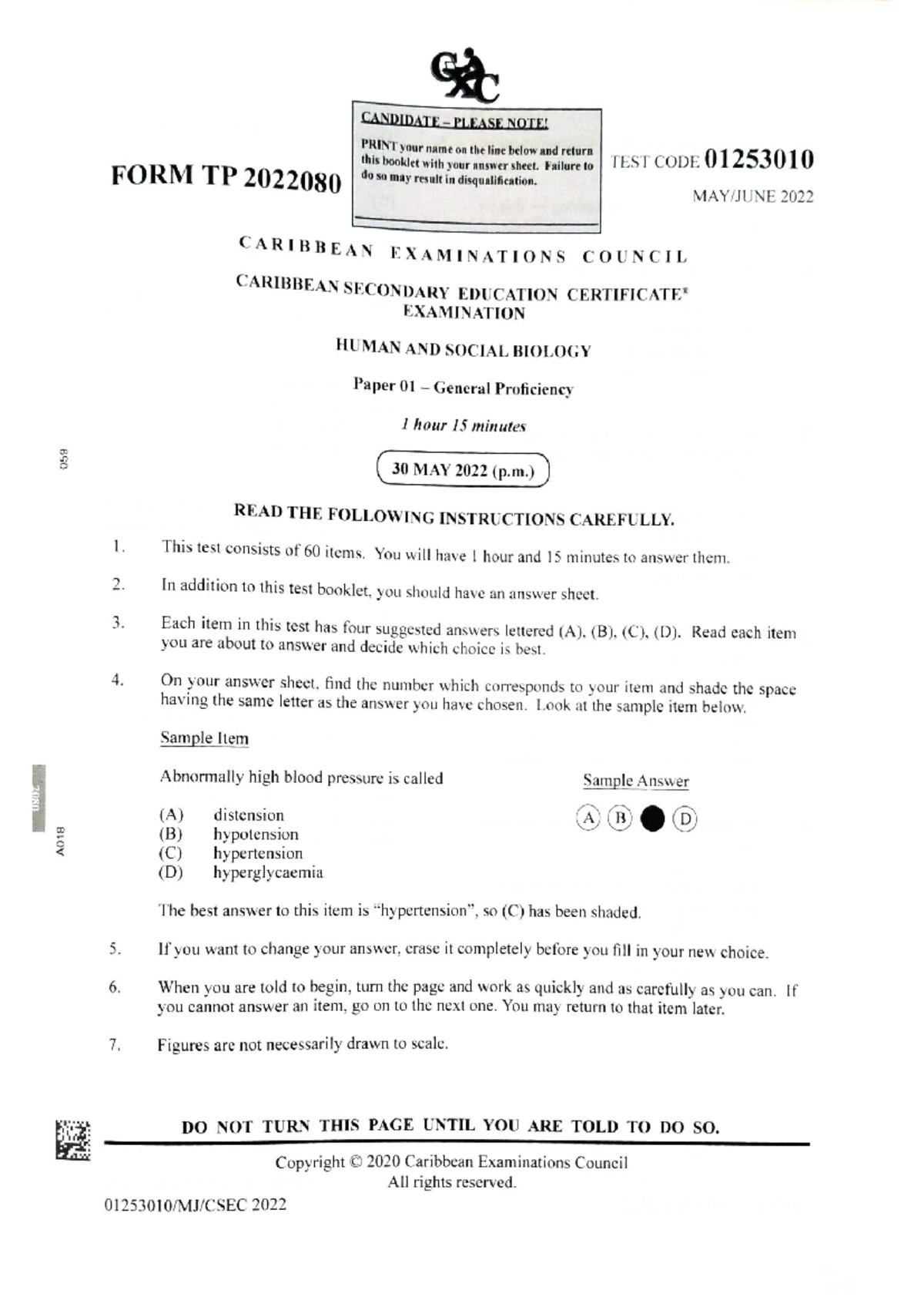 HSB 01253010 Paper 01 General Proficiency Exam Instructions - June 2022 ...