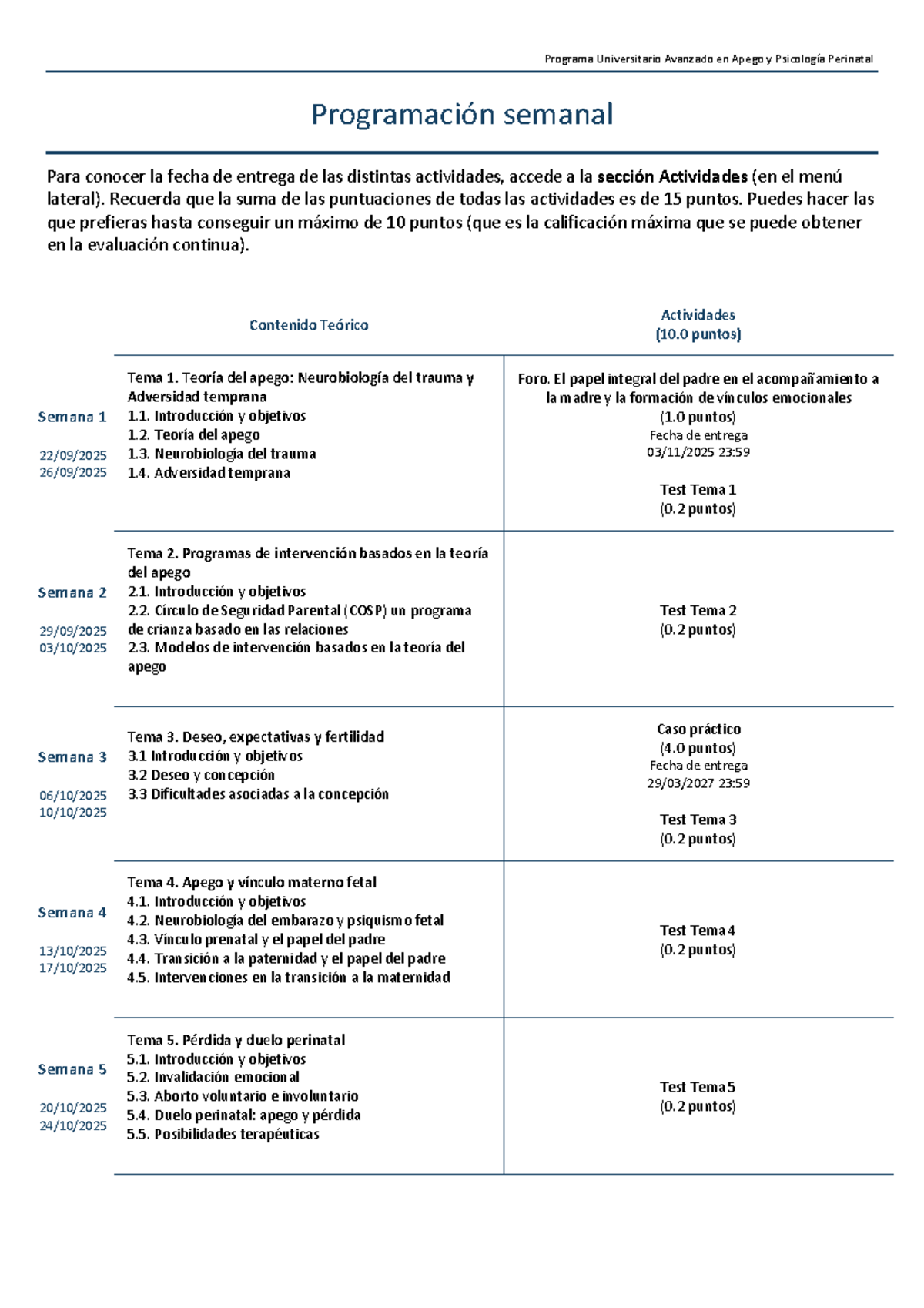 Programa Semanal - Apego y Psicología Perinatal (PUA-APP) - Studocu