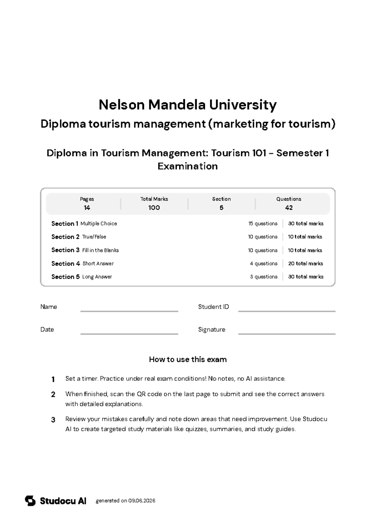 Tourism 101 - Semester 1 Final Exam - Studocu