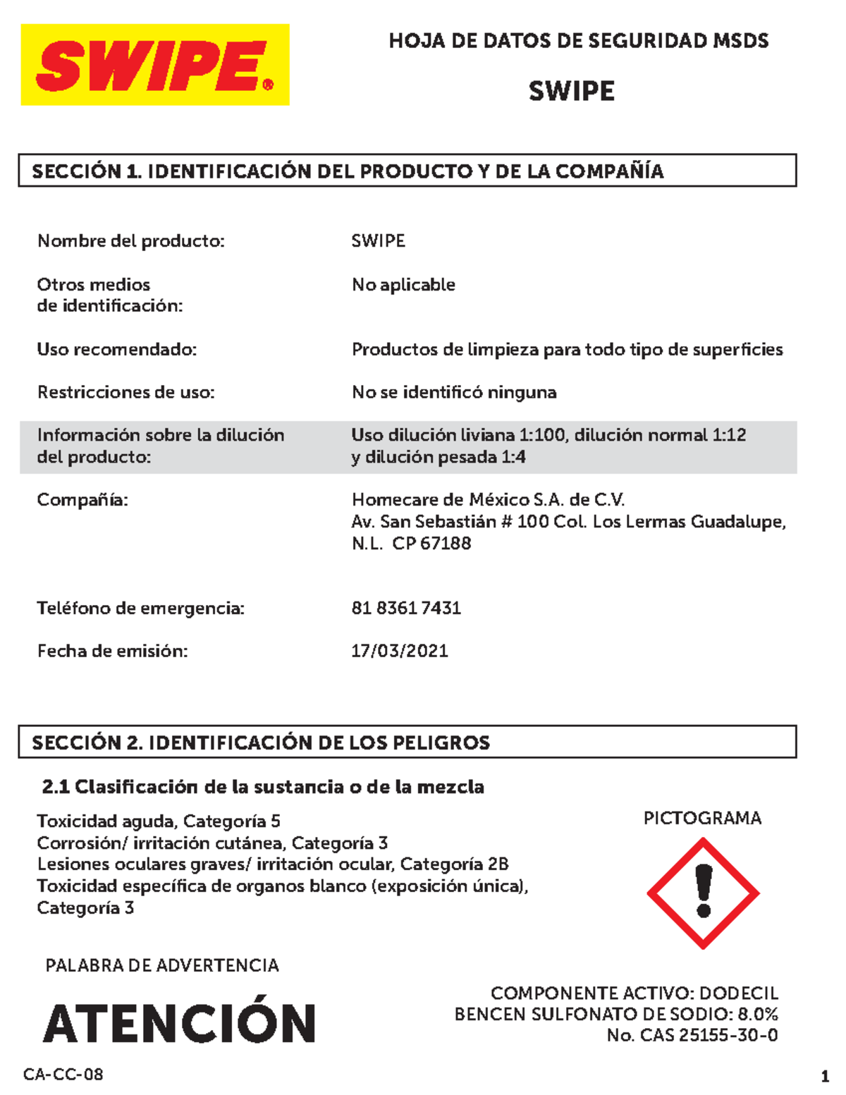 Swipe-MSDS-2021 - Hoja de Datos de Seguridad del Producto Swipe 2021 ...