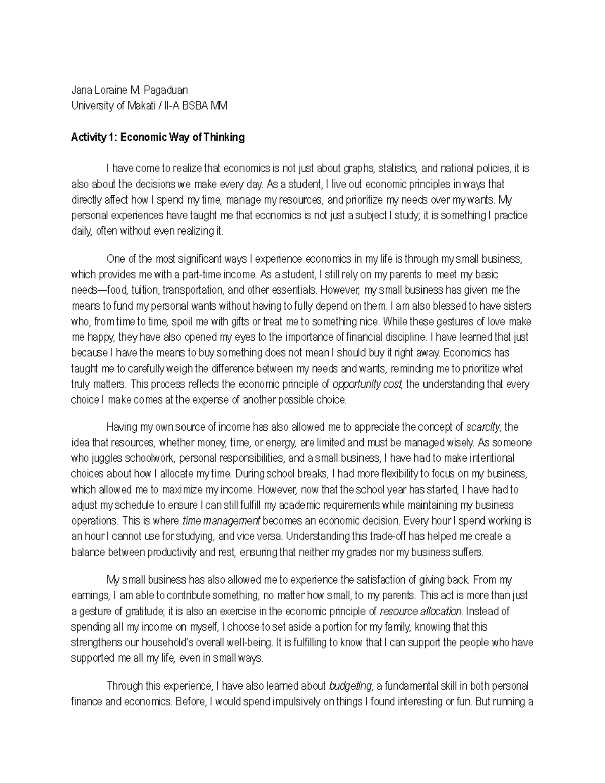 BSBA Activity 1: Economic Way of Thinking by Jana Loraine M. Pagaduan ...