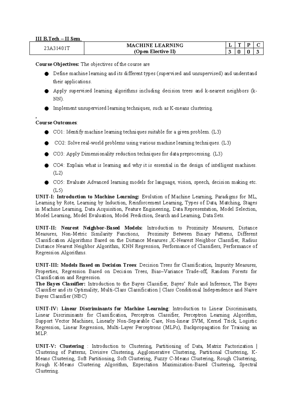 B.Tech II Sem 23A31401T Machine Learning Course Overview and Concepts ...