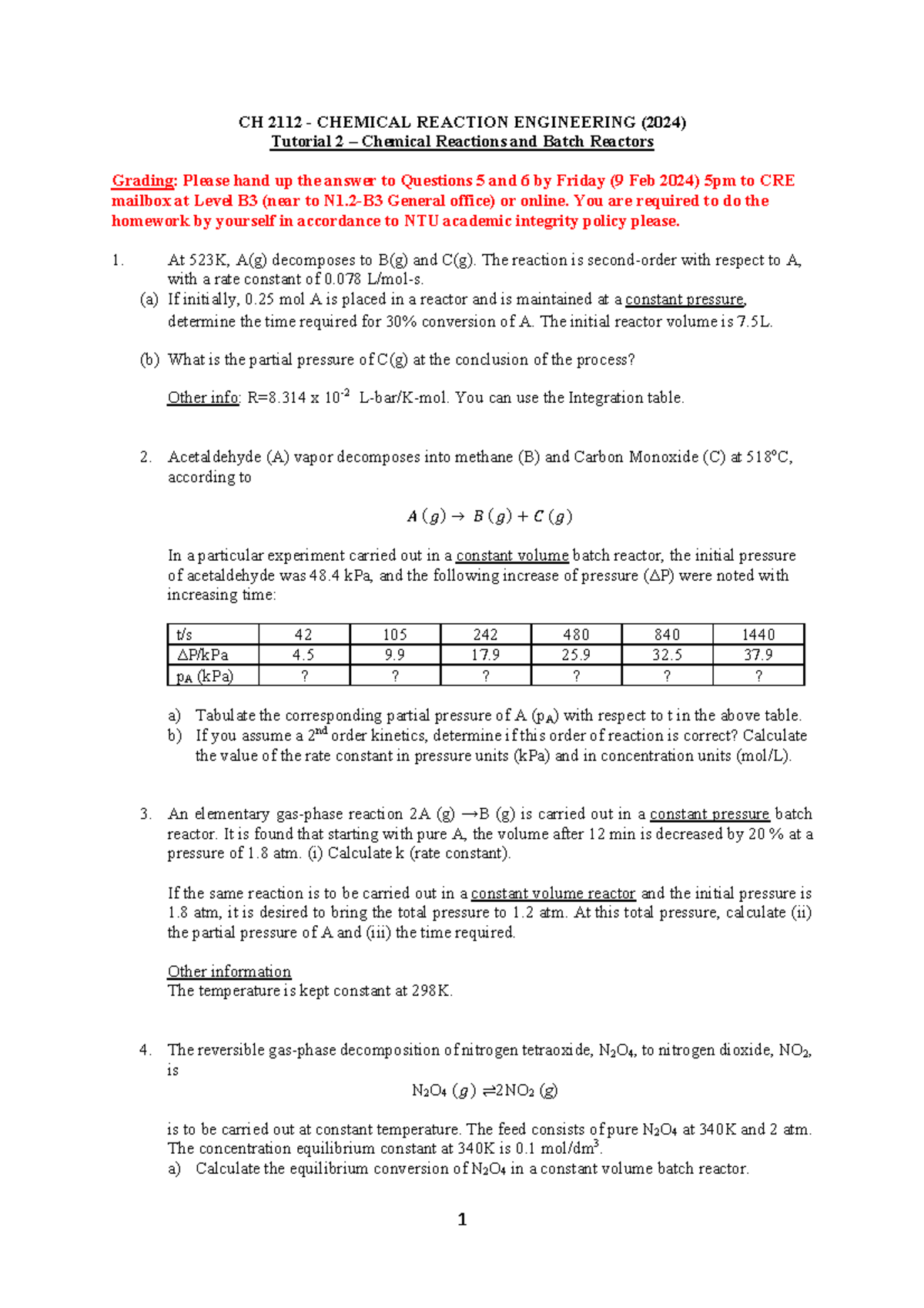 CH2112 Tutorial 2 - Chemical Reactions & Batch Reactor Problems - Studocu