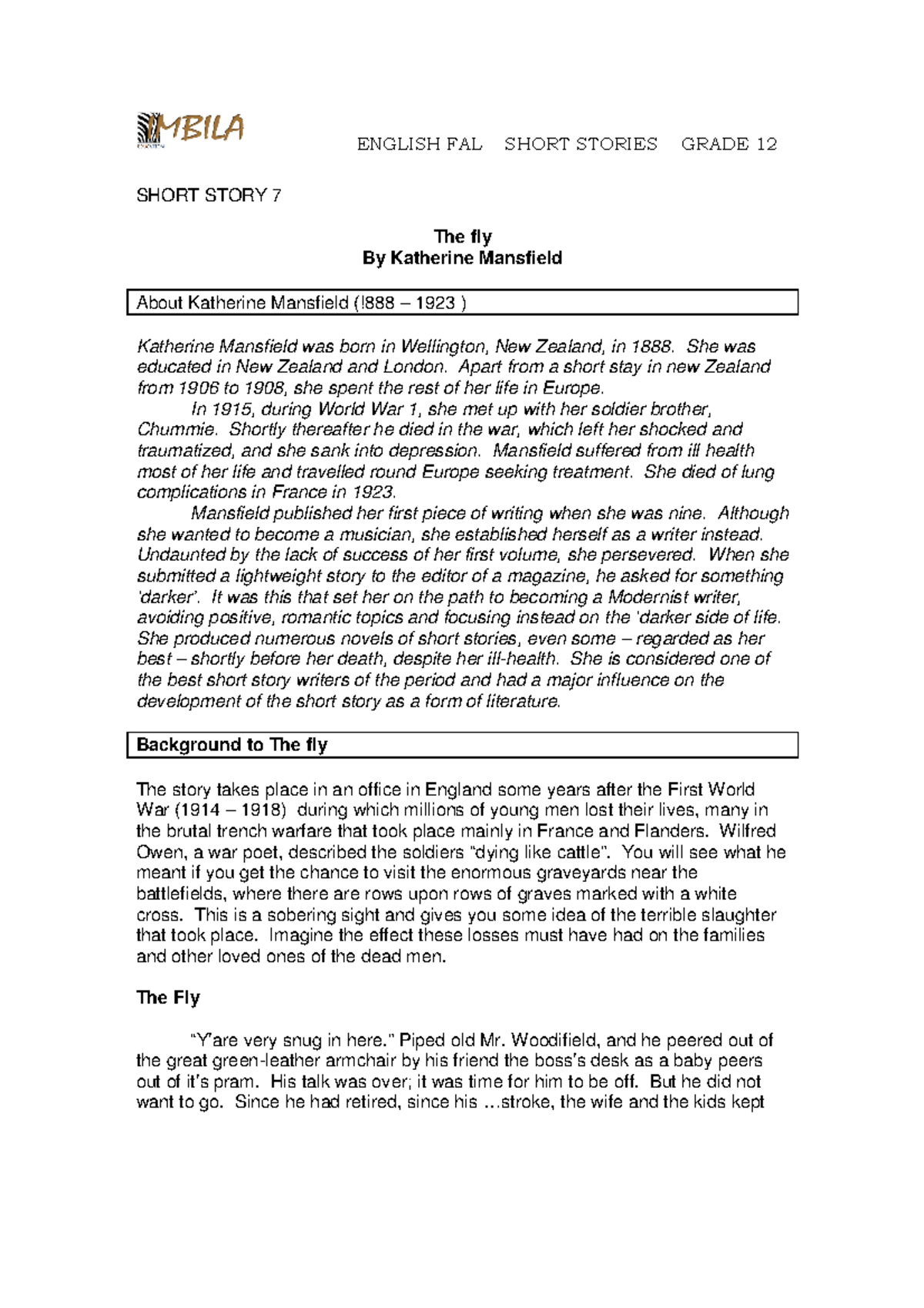 Story 7 Eng FAL Gr 12 The Fly - SHORT STORY 7 The fly By Katherine ...