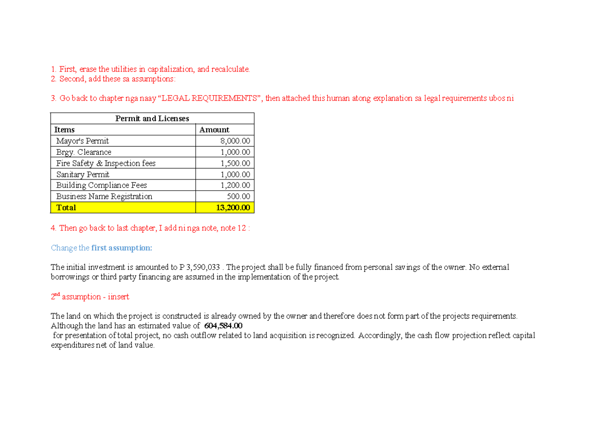 Modifications to Chapter on Project Assumptions and Financials - Studocu