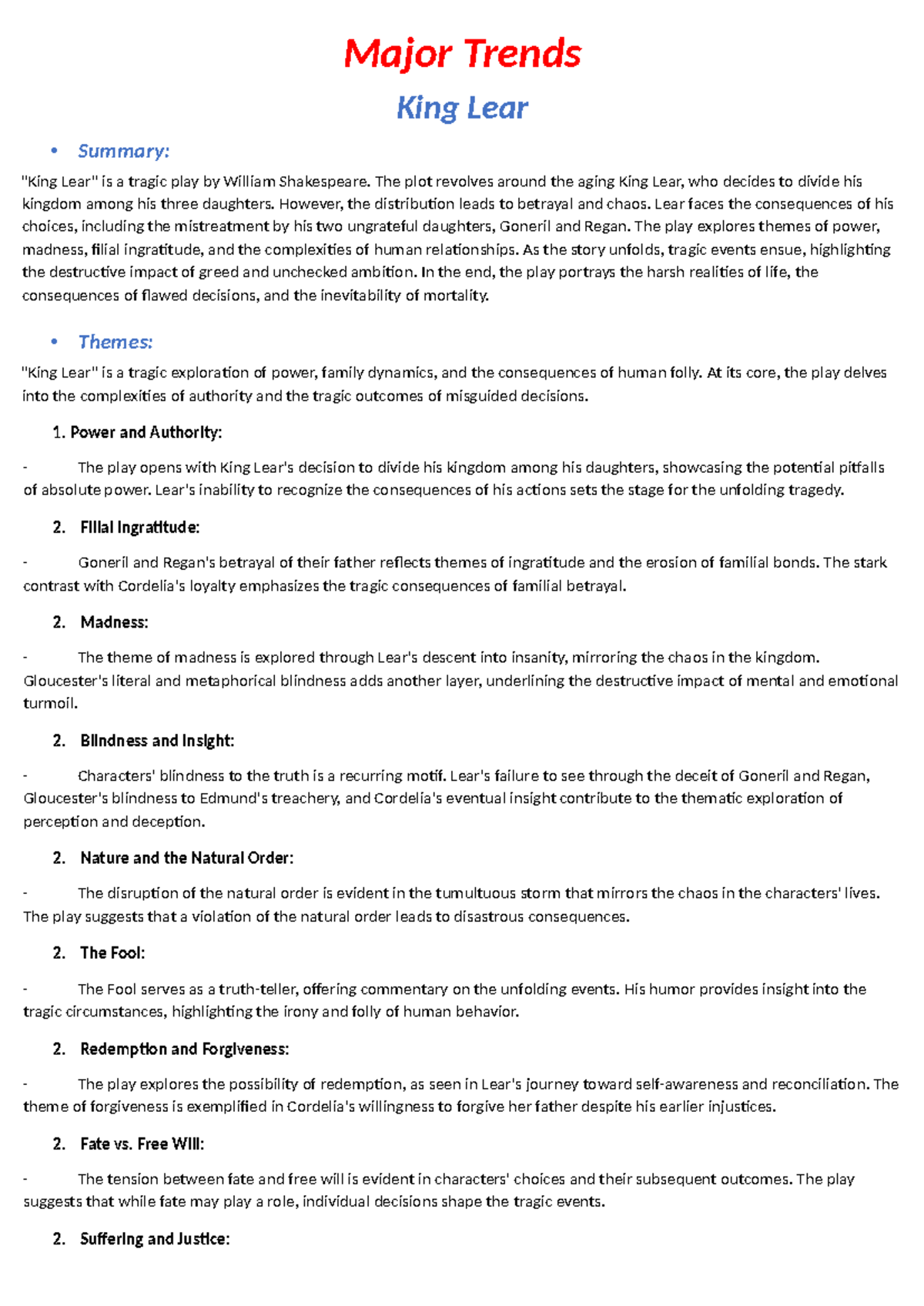 Major Themes and Trends in Shakespeare's Works: King Lear and More ...