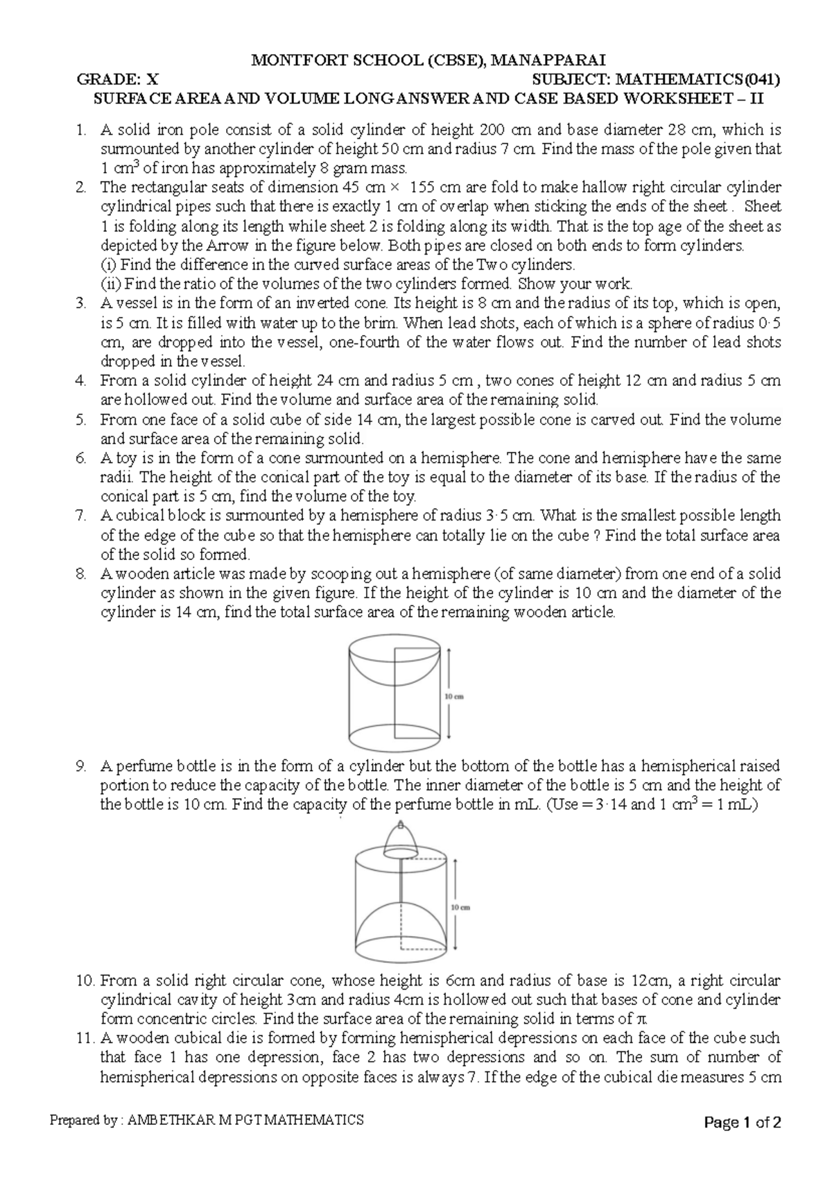 Grade X Mathematics (041) Chapter 12: Surface Area & Volume Worksheet ...