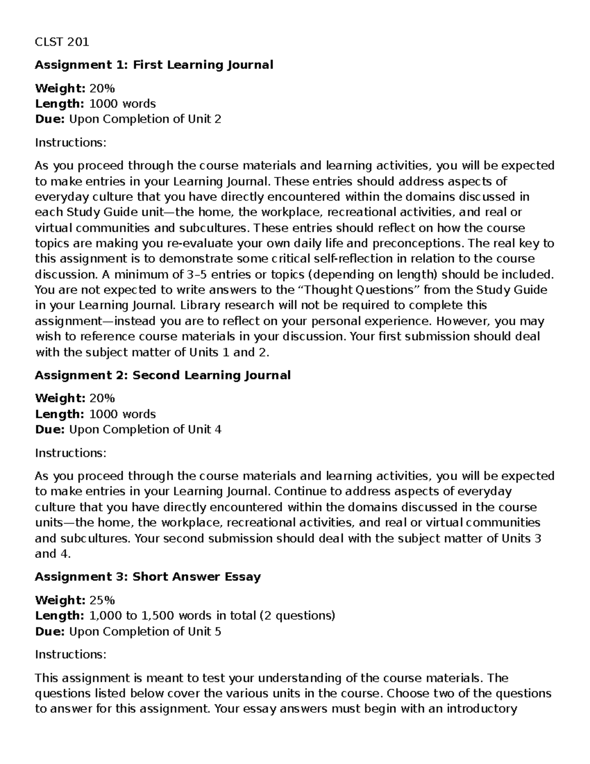 CLST 201 Assignments Overview: Learning Journals & Essays - Studocu