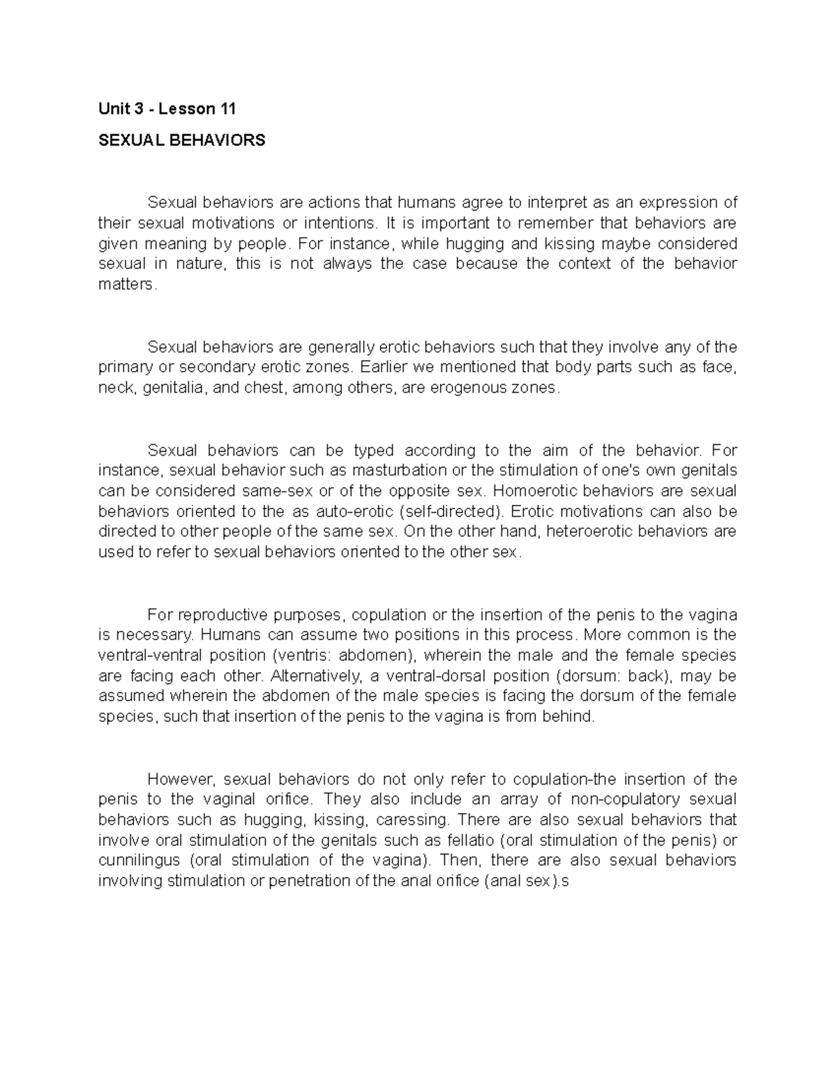 Unit 3 - Lesson 11: Understanding Sexual Behaviors and Motivations ...