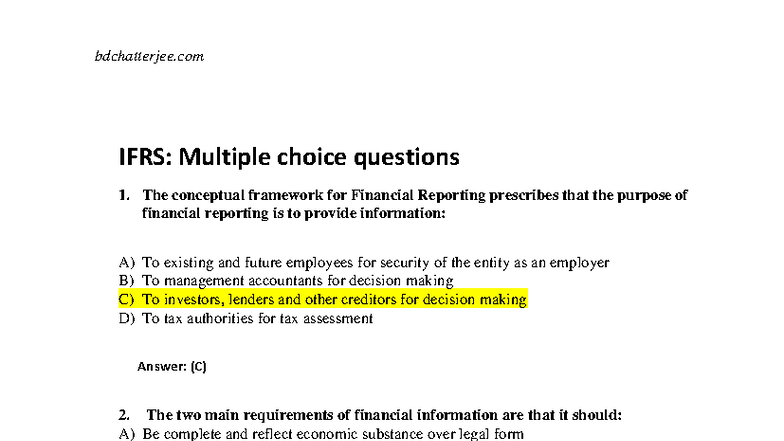 IFRS 101: Multiple Choice Questions for Financial Reporting - Studocu