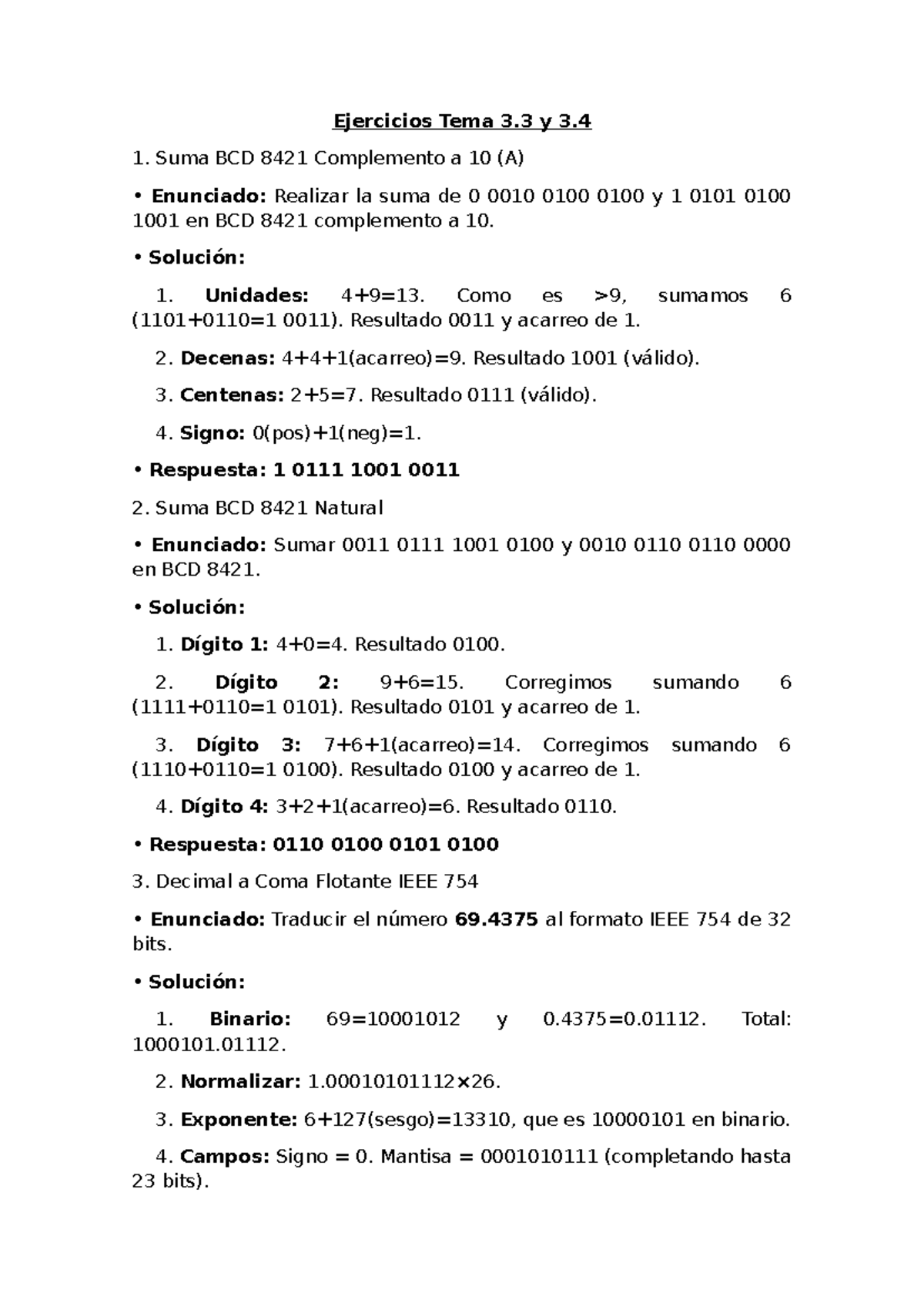 Ejercicios Tema 3.3 y 3.4: Suma BCD y Coma Flotante - Studocu