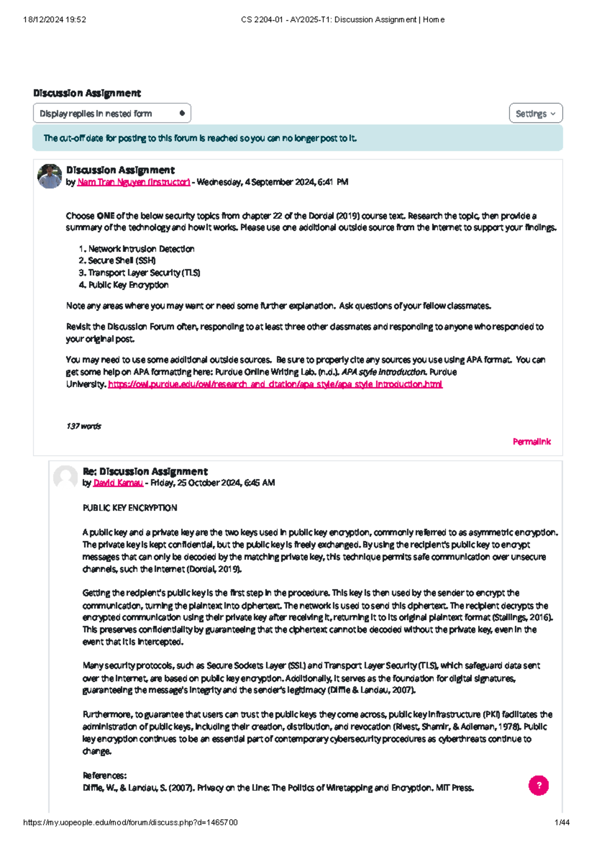 CS 2204-01 - AY2025-T1 Discussion Assignment unit 8 - Discussion Assignment Display replies in ...