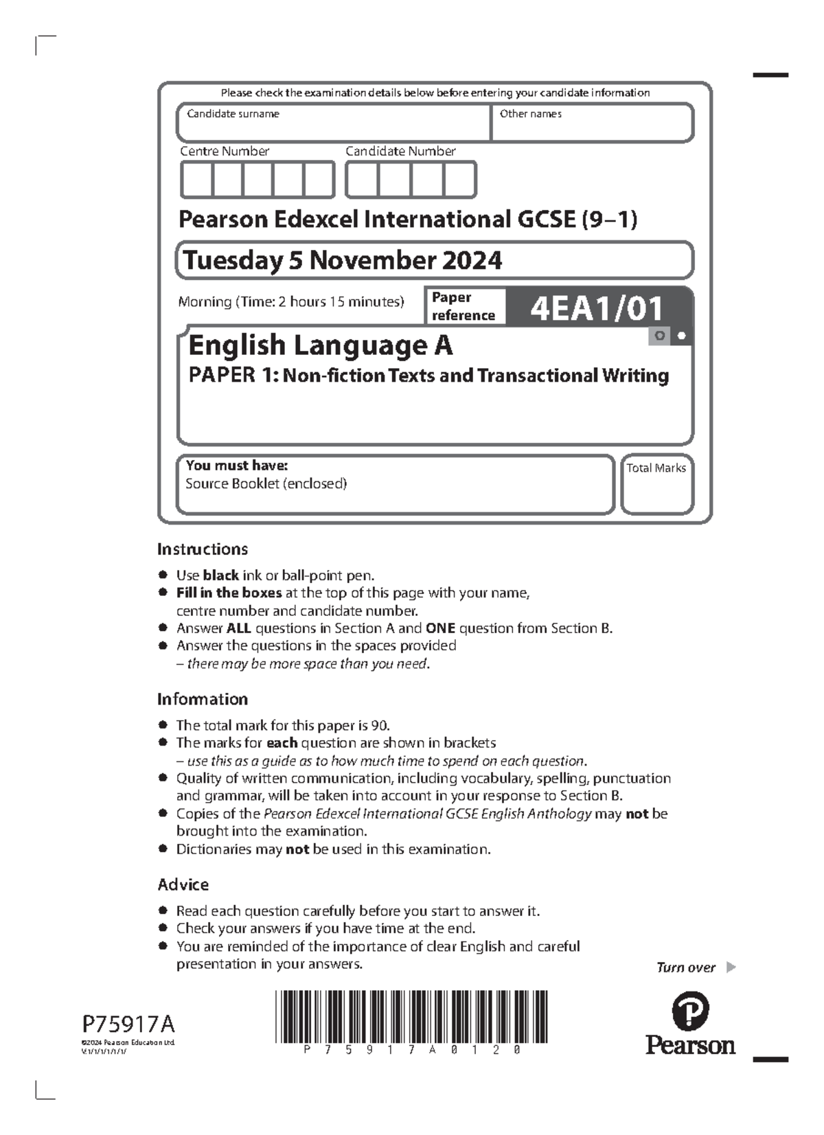 Edexcel IGCSE 2024 Nov Paper 1: English Language A Exam Details - Studocu