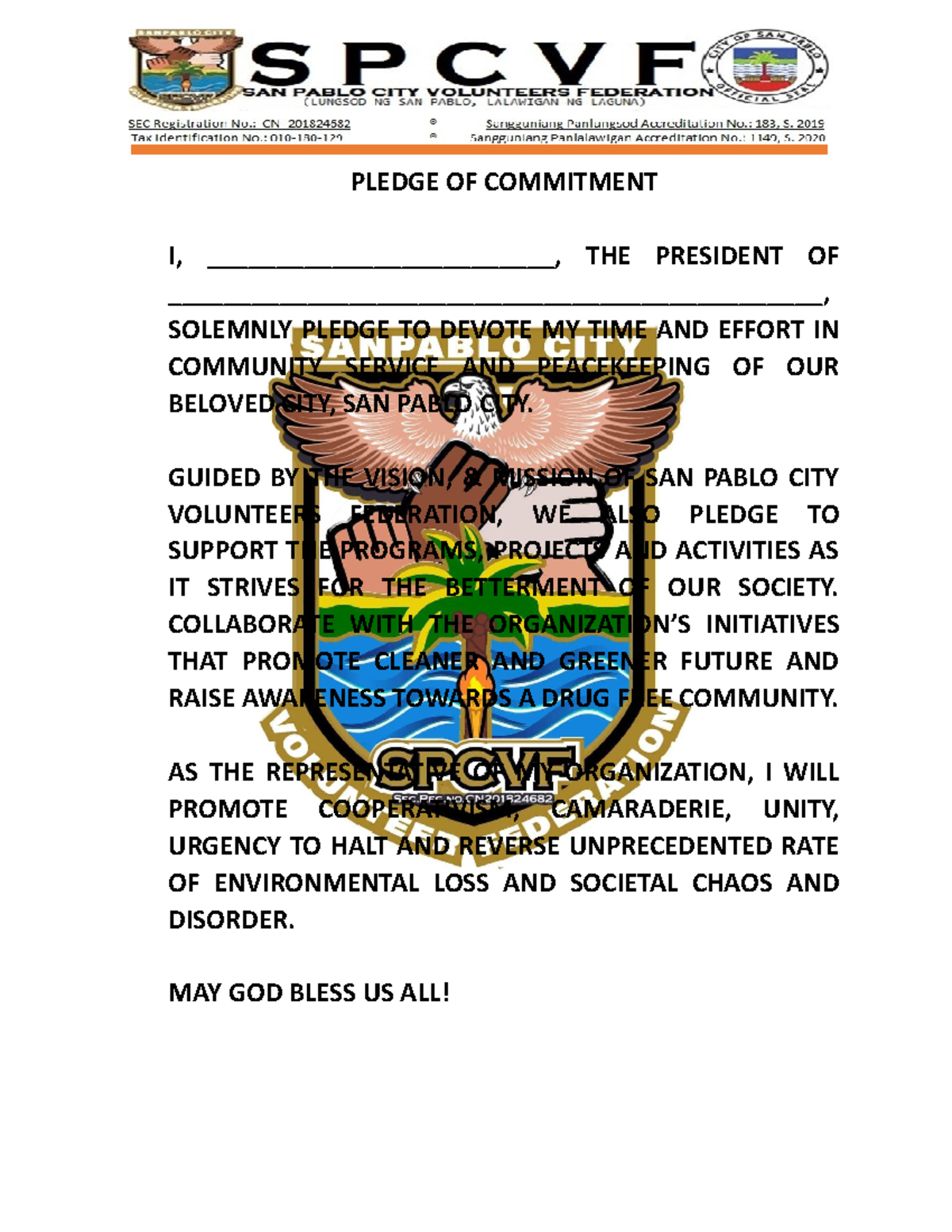 Pledge of Commitment to Community Service and Peacekeeping - Studocu