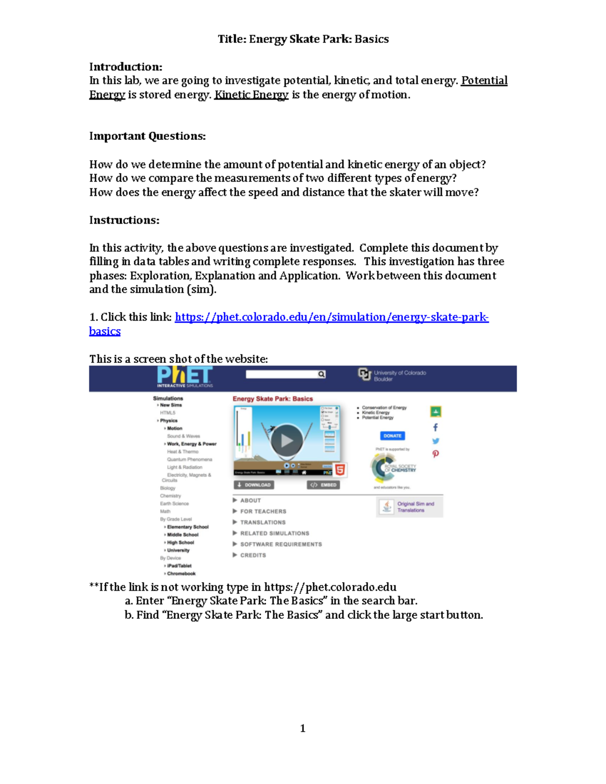 Energy Skate Park Lab - Exploring Potential and Kinetic Energy - Studocu