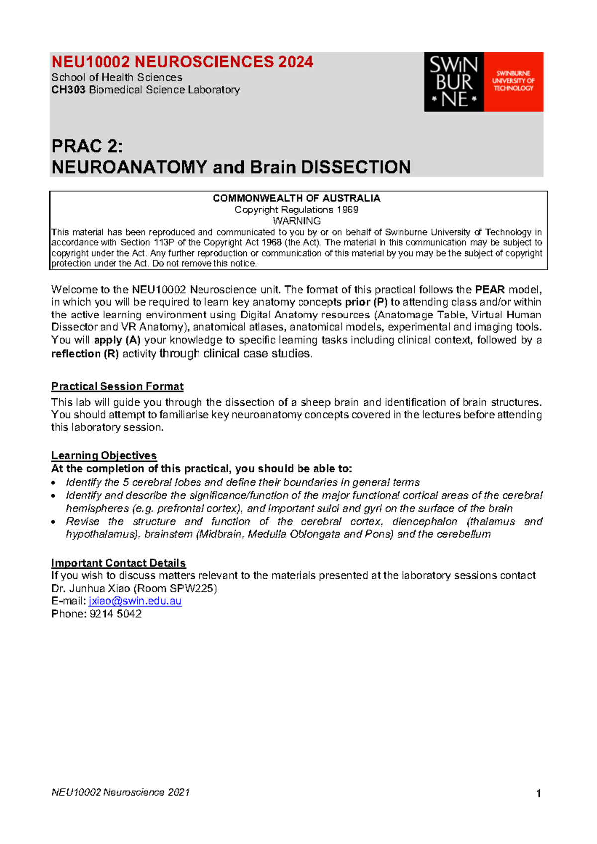 CH303 Biomedical Science Lab Prac 2: Neuroanatomy & Brain Dissection ...