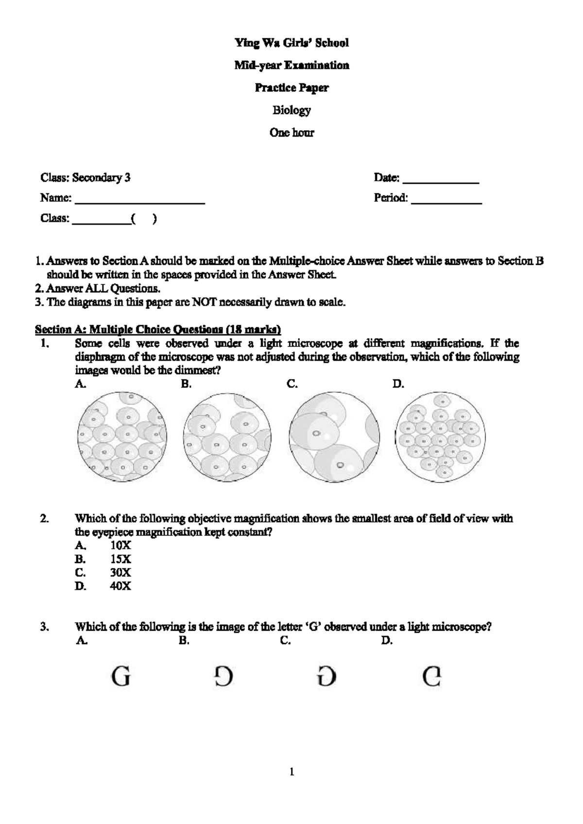 Ying Wa School Biology Exam Practice Paper (Secondary 3) - Studocu