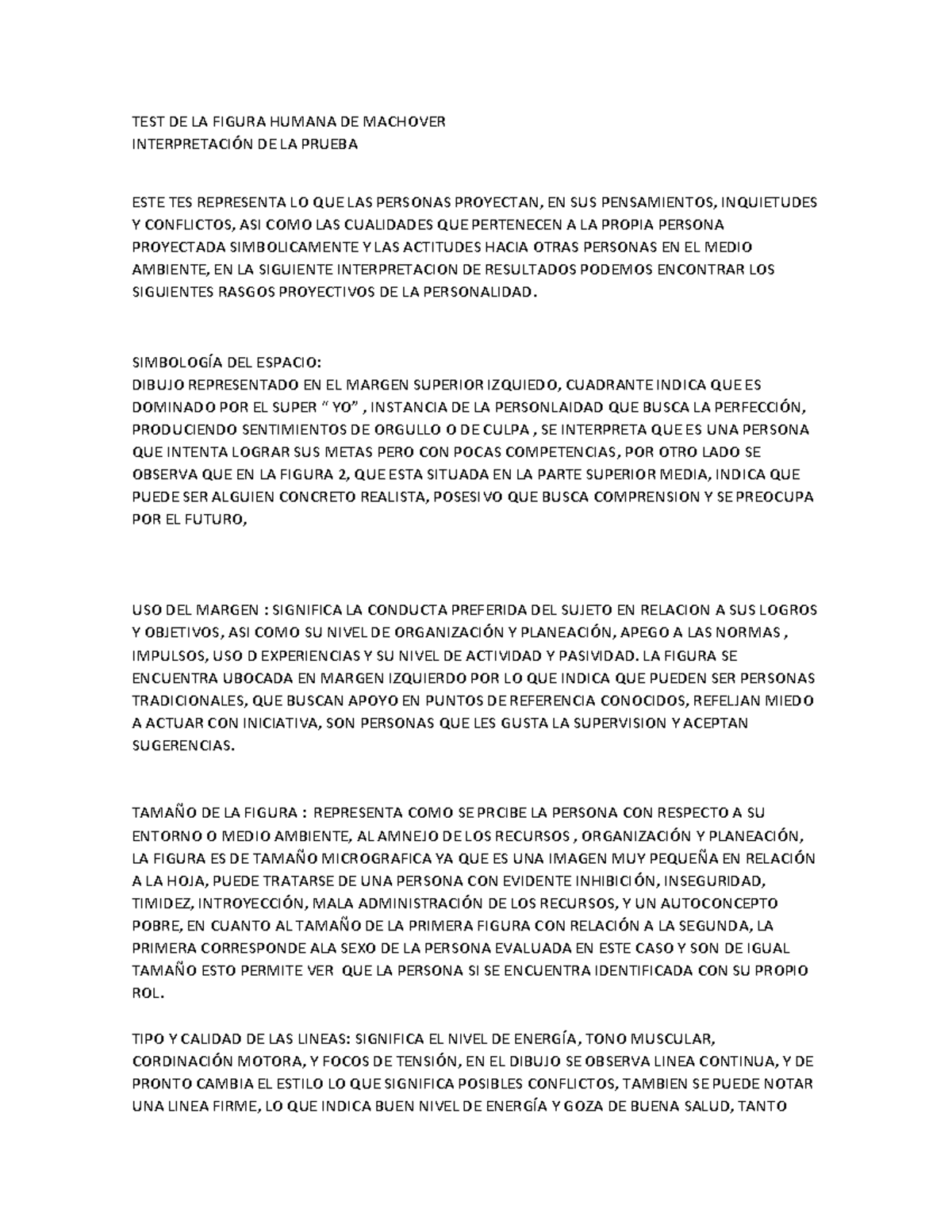 Interpretación del Test de la Figura Humana de Machover - Studocu