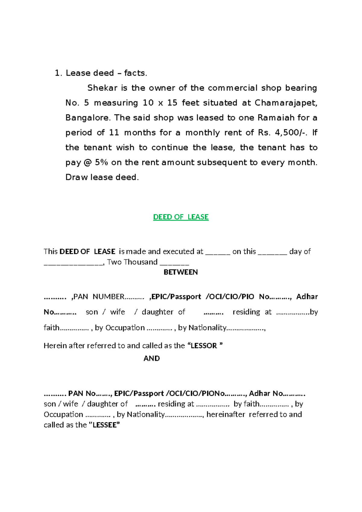 Sample Lease Deed Document and Format Guide - Studocu