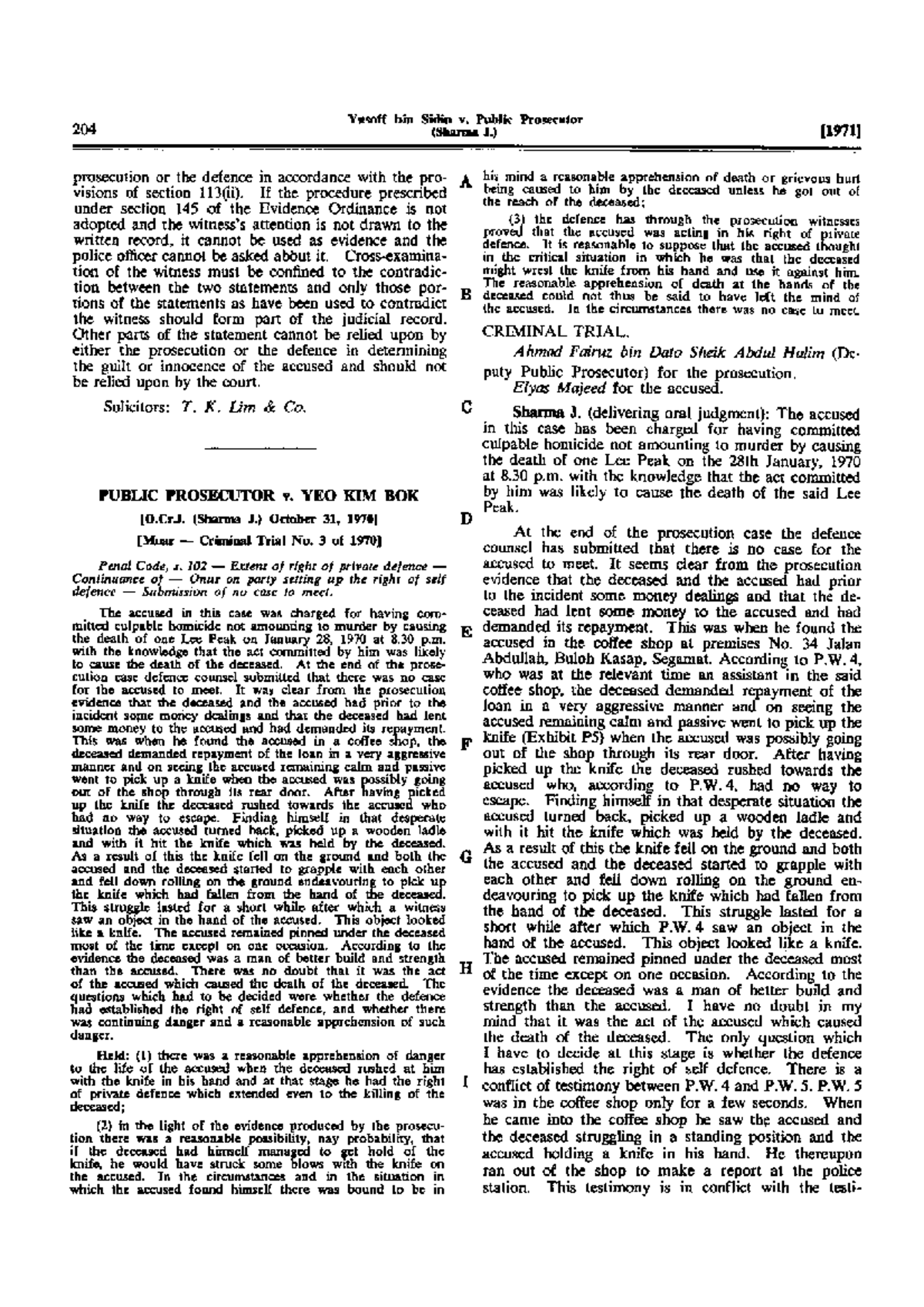 Public Prosecutor v. Yeo Kim Bok: Culpable Homicide & Self-Defence ...