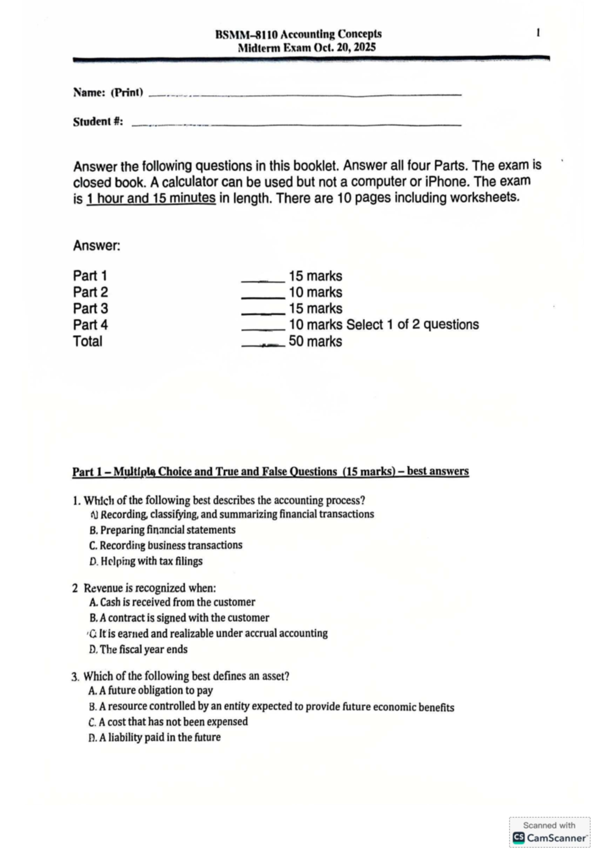 Accounting Concepts 1 Midterm Exam Review - Oct. 20, 2025 - Studocu