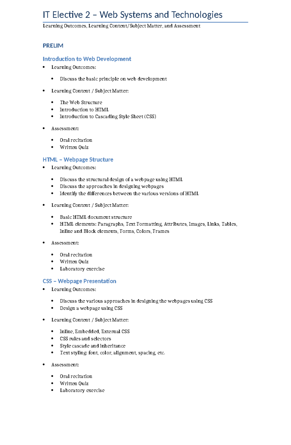 IT Elective 2: Web Systems & Technologies Summary and Learning Outcomes - Studocu