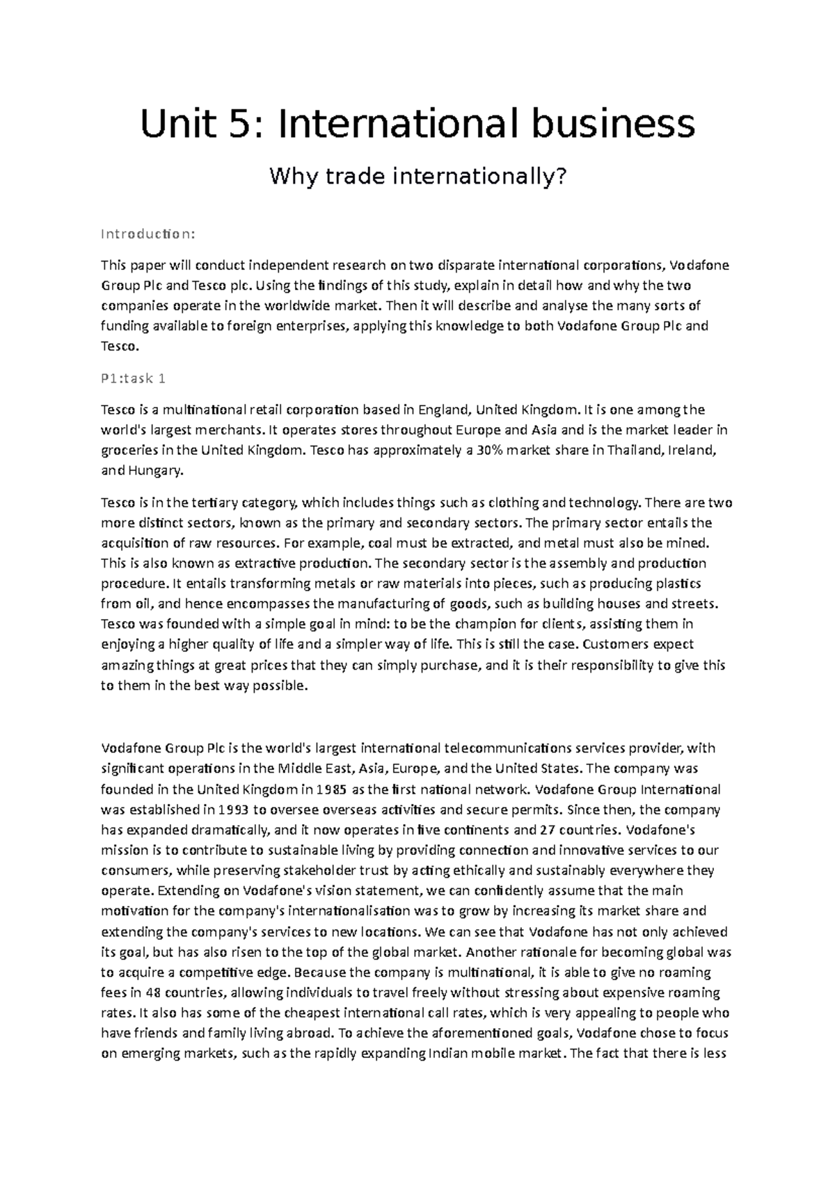 Unit 5: International Business Analysis of Vodafone and Tesco - Studocu