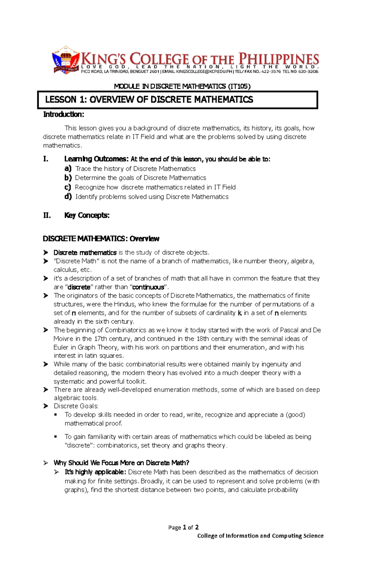 Lesson 1 Overview of Discrete Mathematics (Prelim) - MODULE IN DISCRETE ...