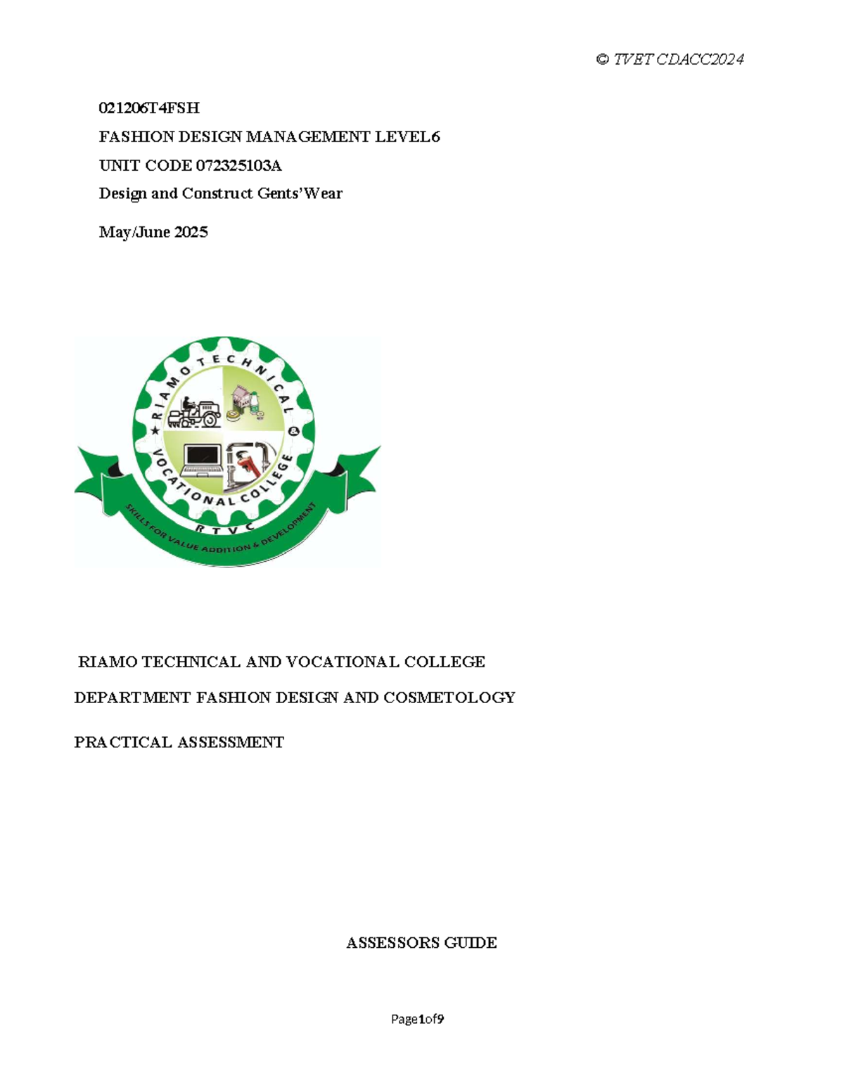 TVET CDACC2024 Level 6 Observation Checklist for Gents Wear Design ...