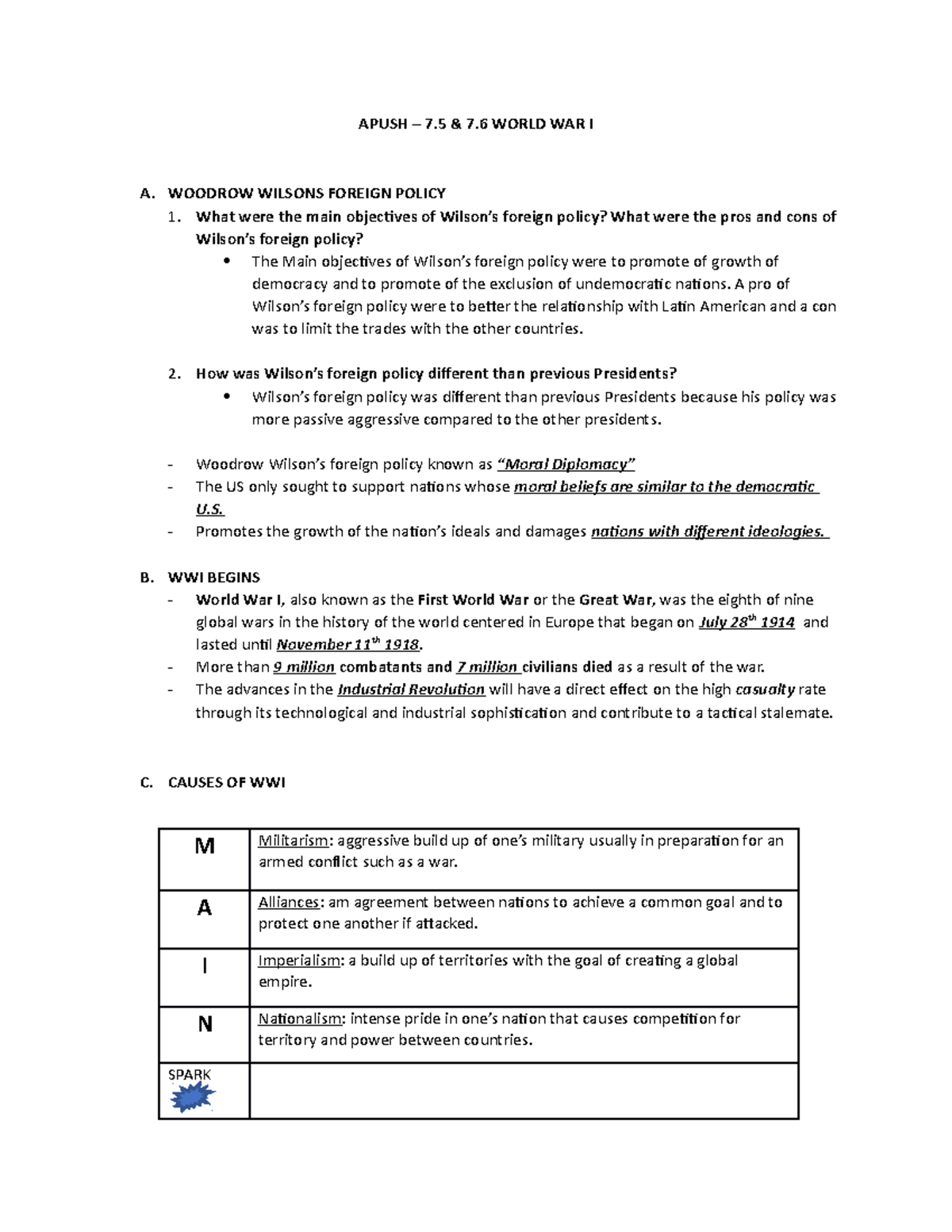 APUSH 7.5 WWI Guided Notes: Wilson's Policies & War Overview - Studocu