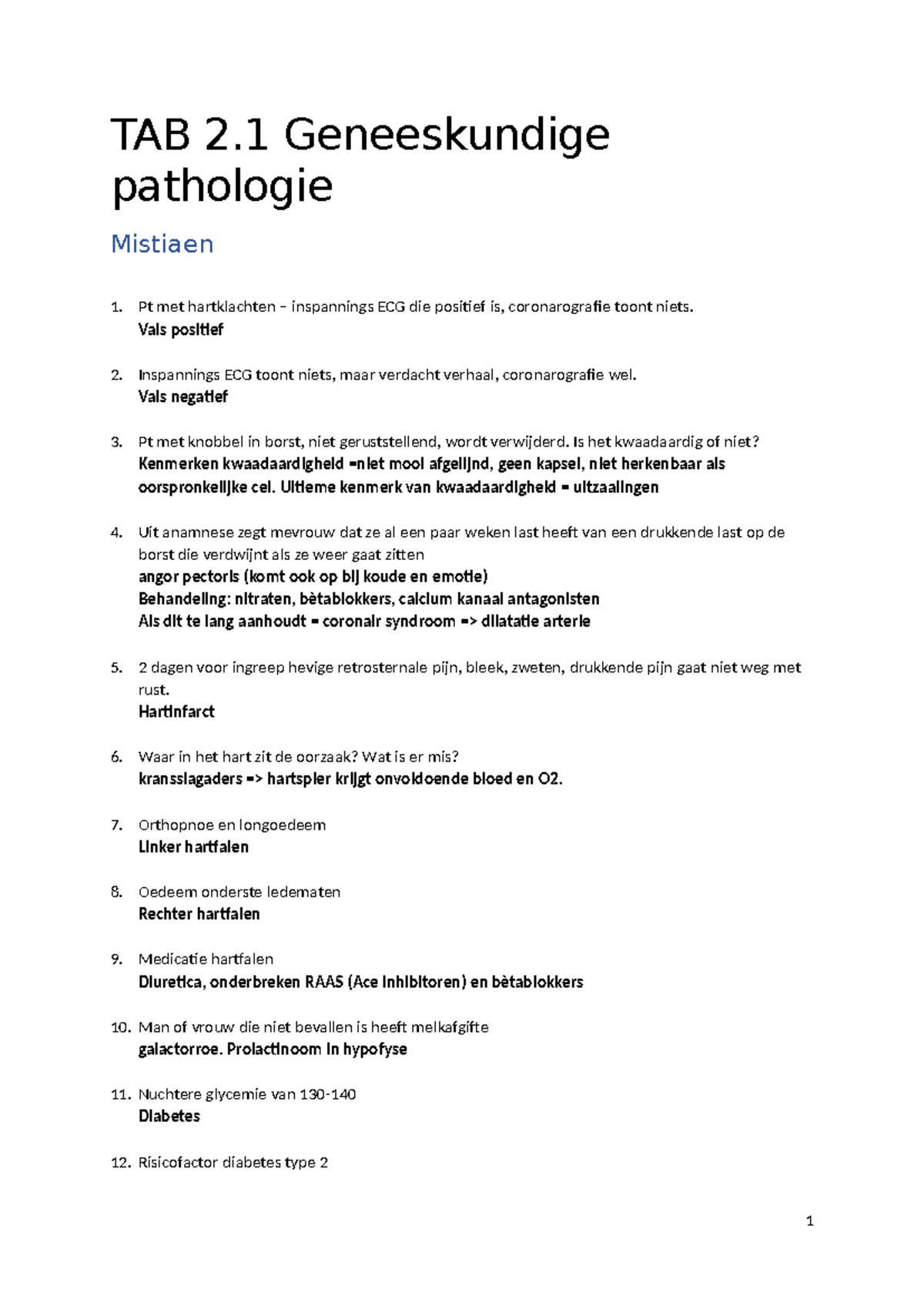 TAB 2.1 Geneeskundige pathologie mogelijke examenvragen - TAB 2 ...