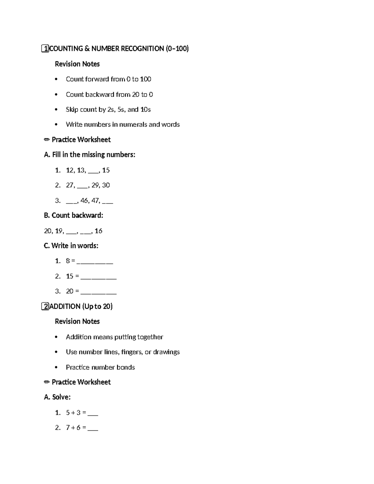 Grade 1 - Maths Revision Notes: Counting, Addition, Subtraction, Place ...