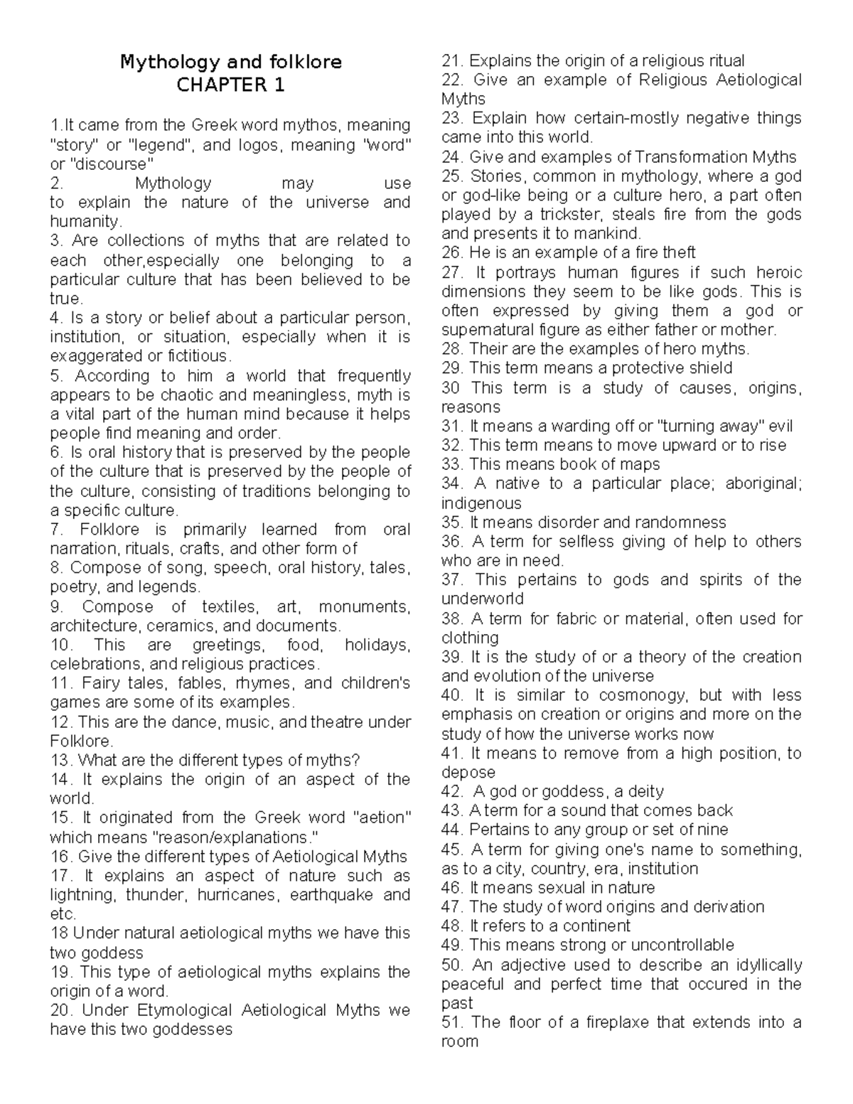 EL106 Mythology and Folklore Chapter 1 & 2 Reviewer - Studocu