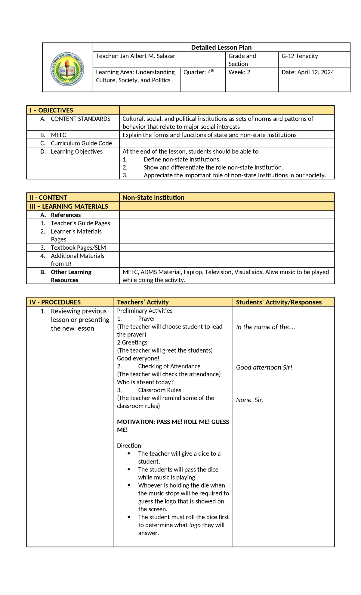 Detailed Lesson Plan on Non-State Institutions for G-12 UCSP - Studocu