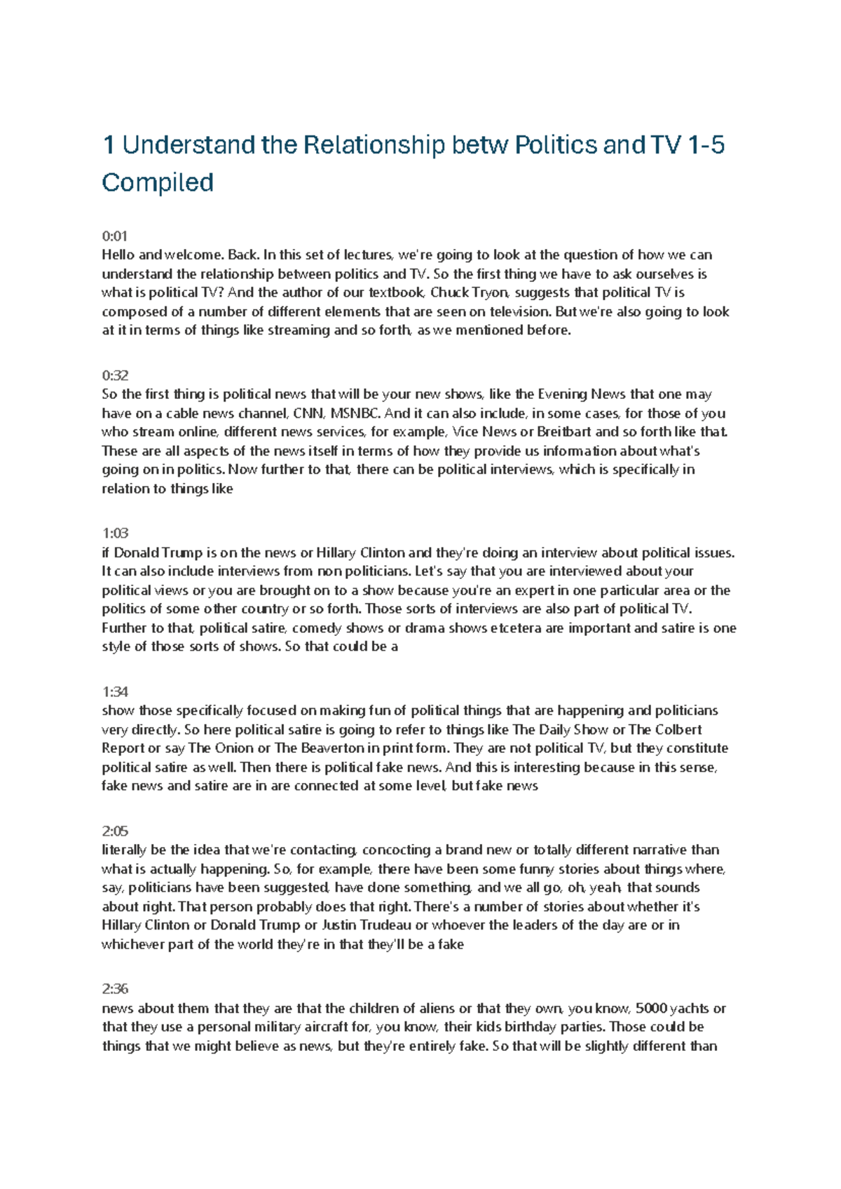 Polisci 2144 Lecture Notes: Understanding Politics Through TV (Weeks 1 ...
