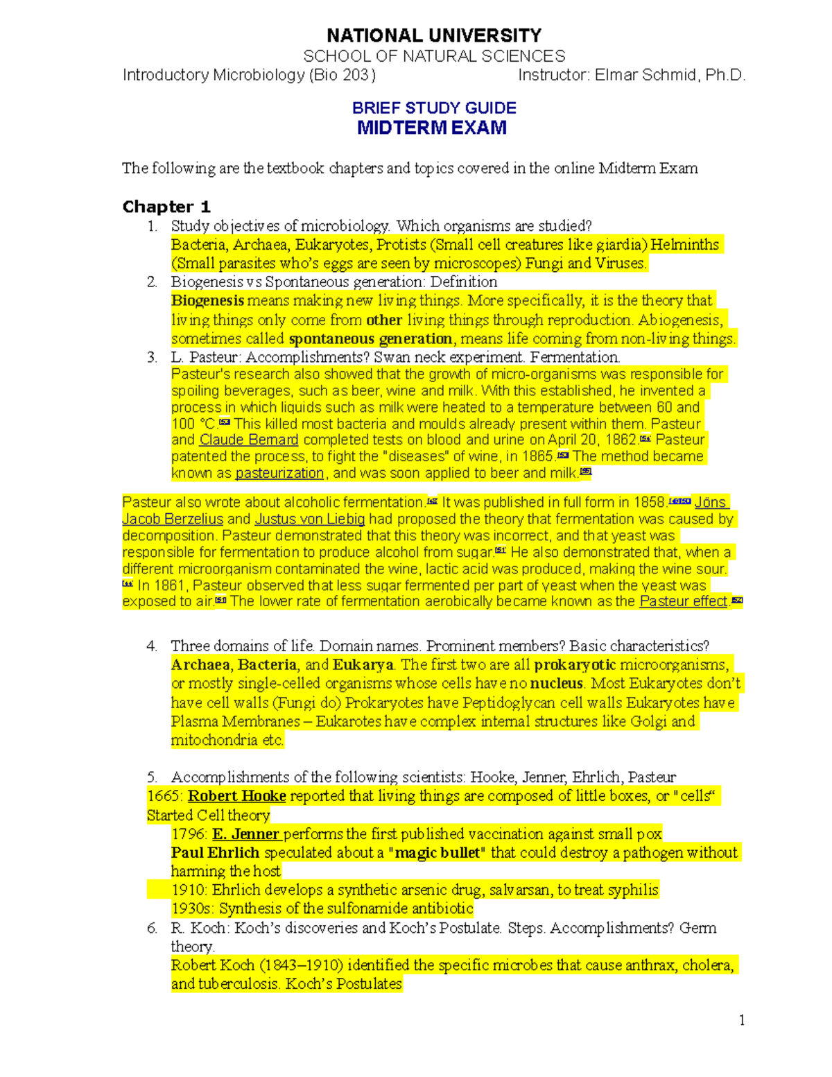 Bio203-Study Guide-Midterm WITH Answers - SCHOOL OF NATURAL SCIENCES Introductory Microbiology ...