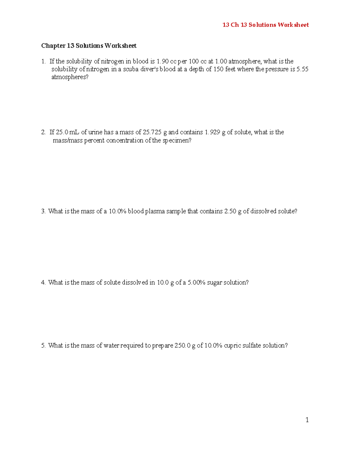 Chapter 13 Solutions Worksheet (Chemistry 101) - Studocu