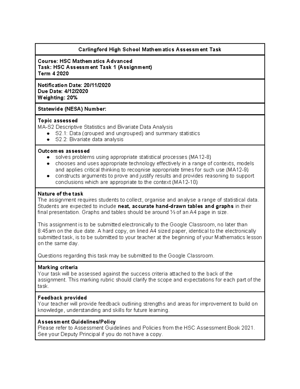 HSC Mathematics Advanced AT1: Descriptive Stats & Bivariate Data ...
