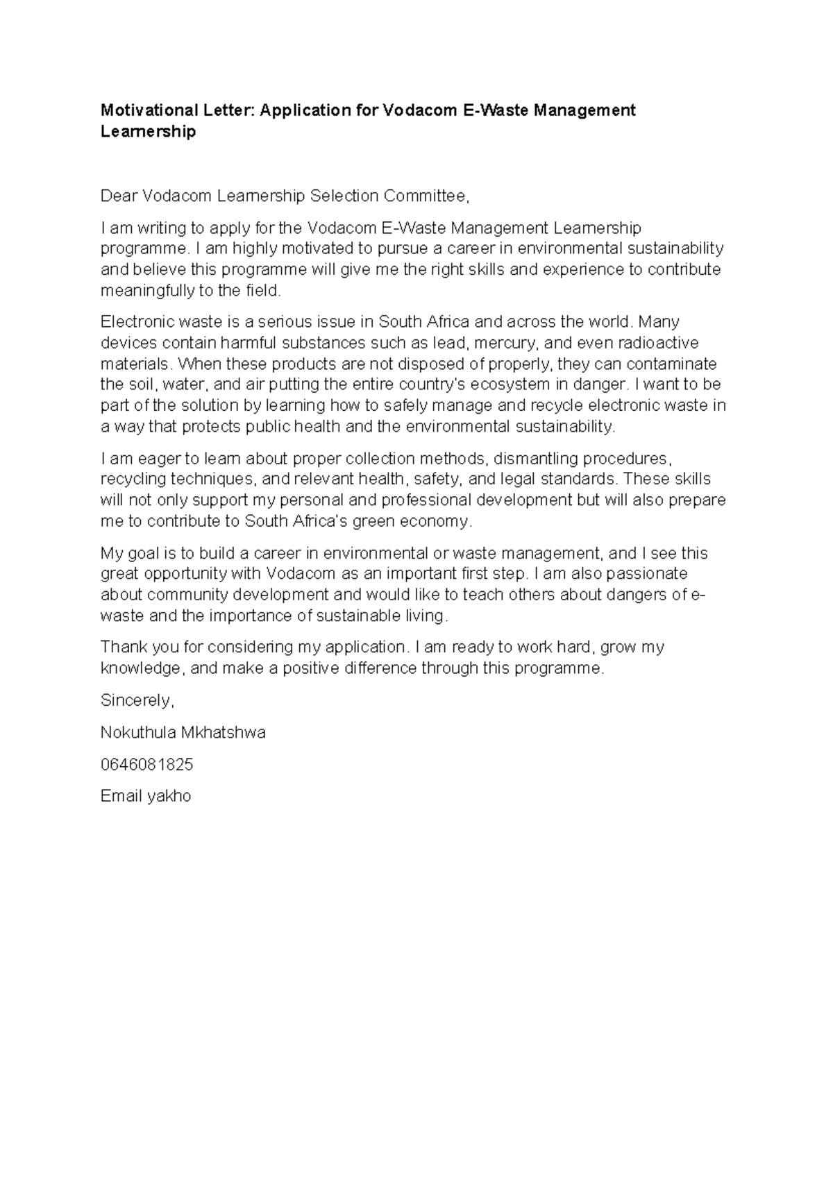 Motivational Letter for Vodacom Management Learnership 044223 - Studocu