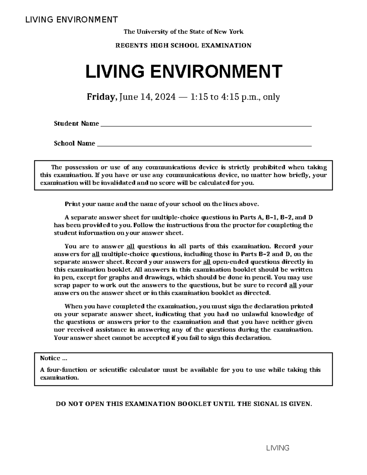 LENV-62024 Living Environment Benchmark Exam Guide – June 2024 - Studocu