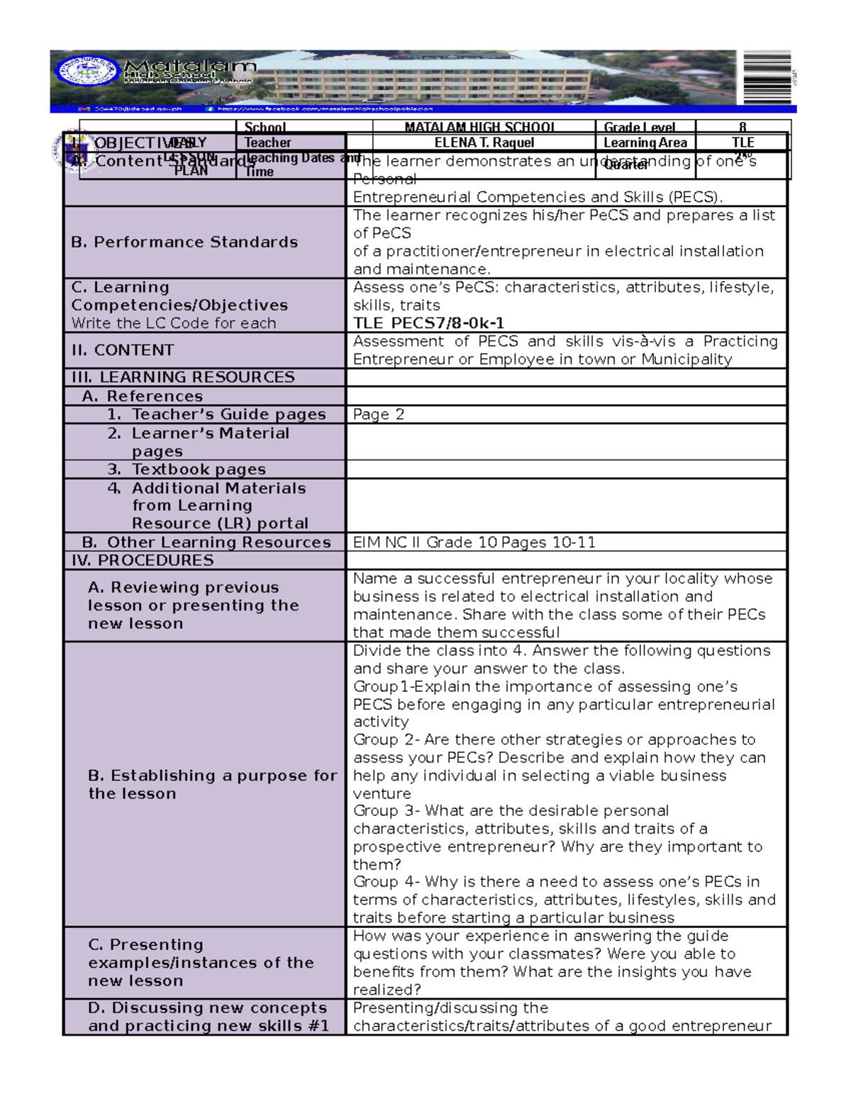 TLE EIM Lesson Plans for Developing Personal Entrepreneurial ...