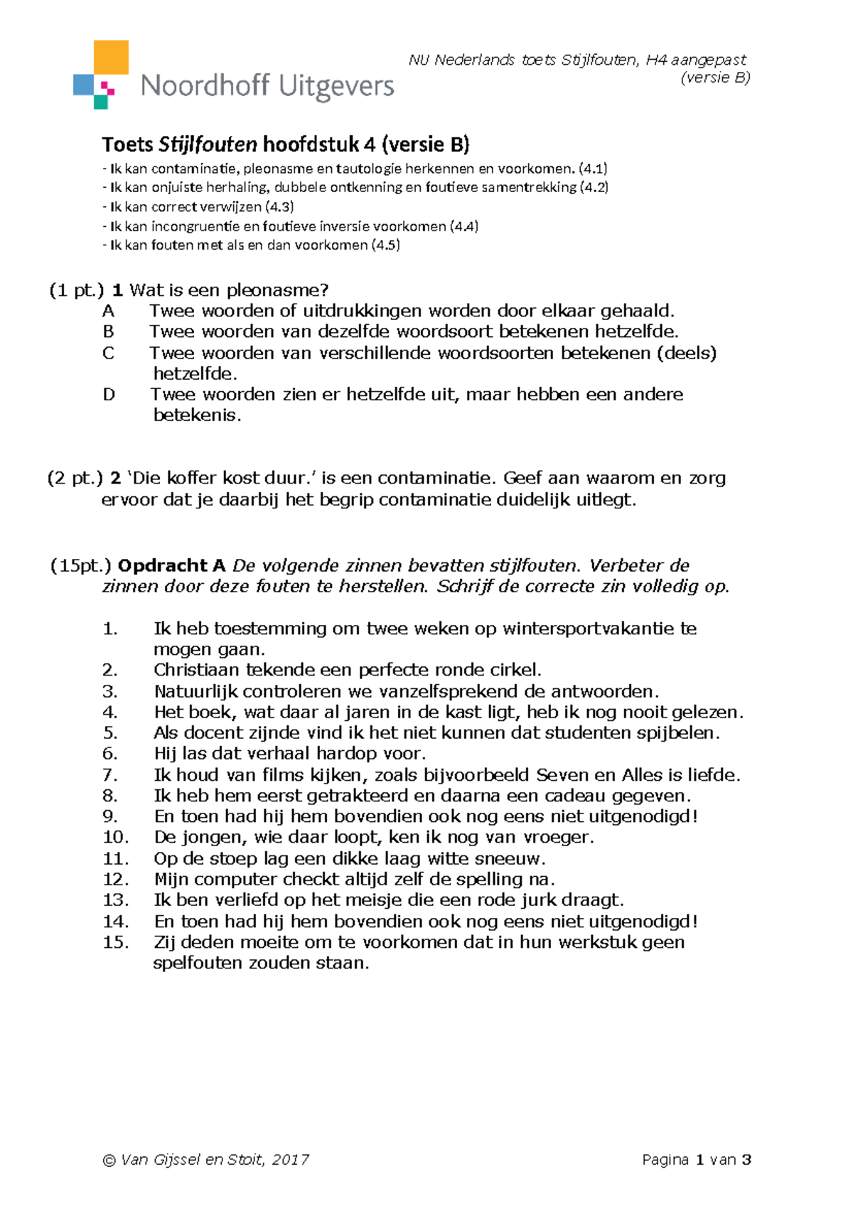 Toets Stijlfouten H4 (Versie B) - NU Nederlands Examenvragen - Studeersnel