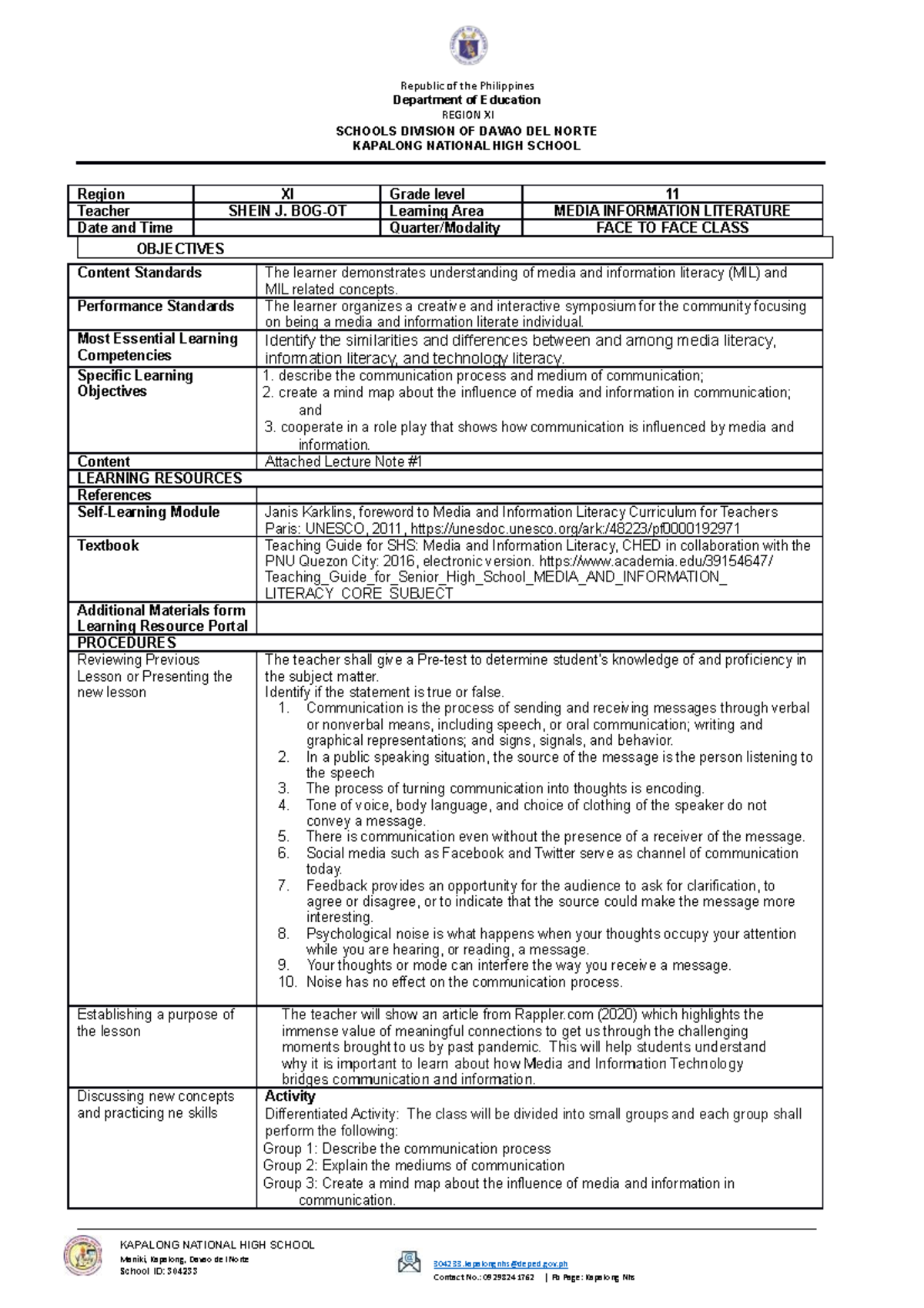 MIL Lesson Exemplar 1: Media and Information Literacy for Grade 11 ...