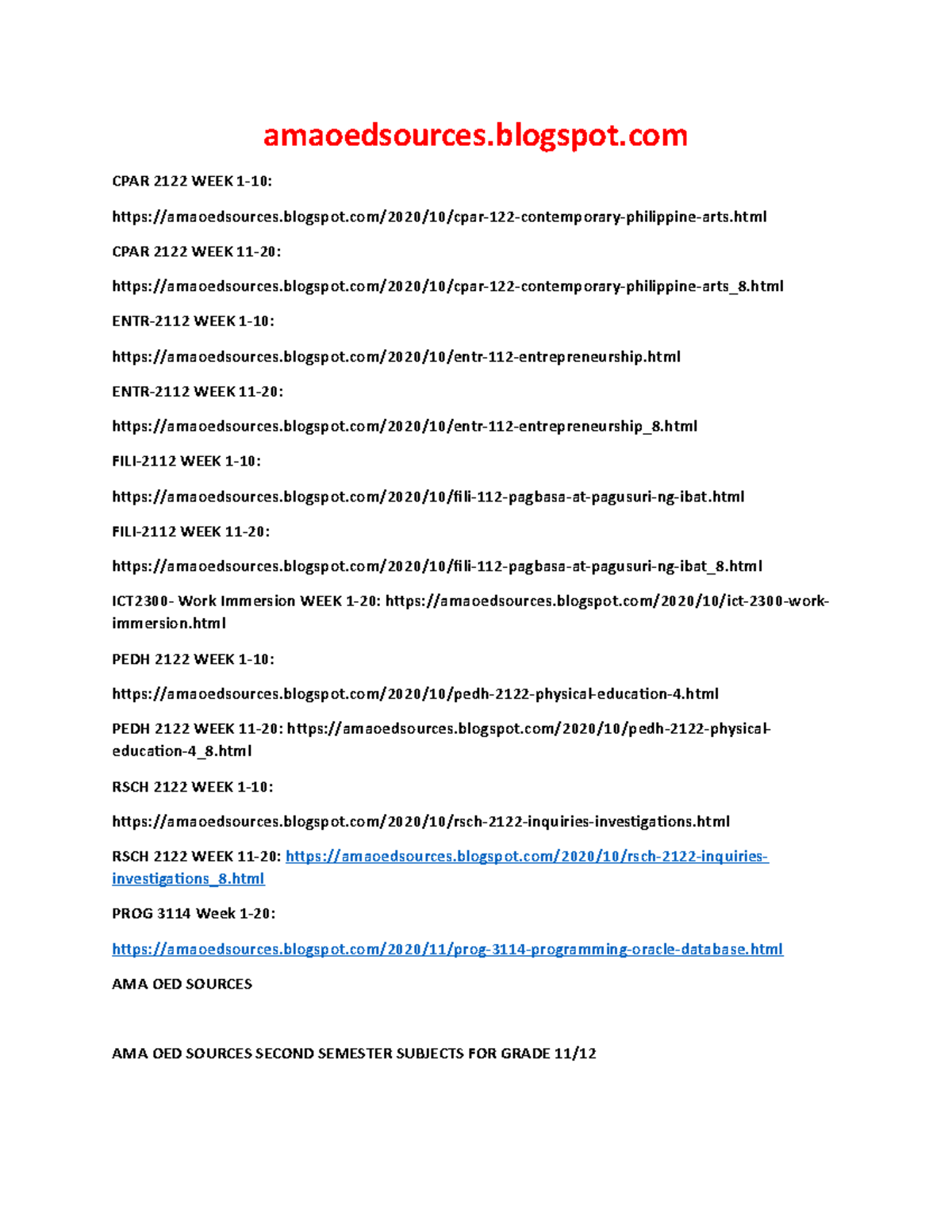 AMA OED Sources Second SEM - research grad 12 - AMA - Studocu