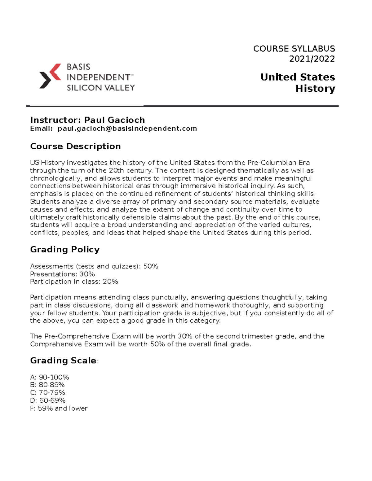 US History (USHistory) Syllabus - Course Overview by Paul Gacioch - Studocu