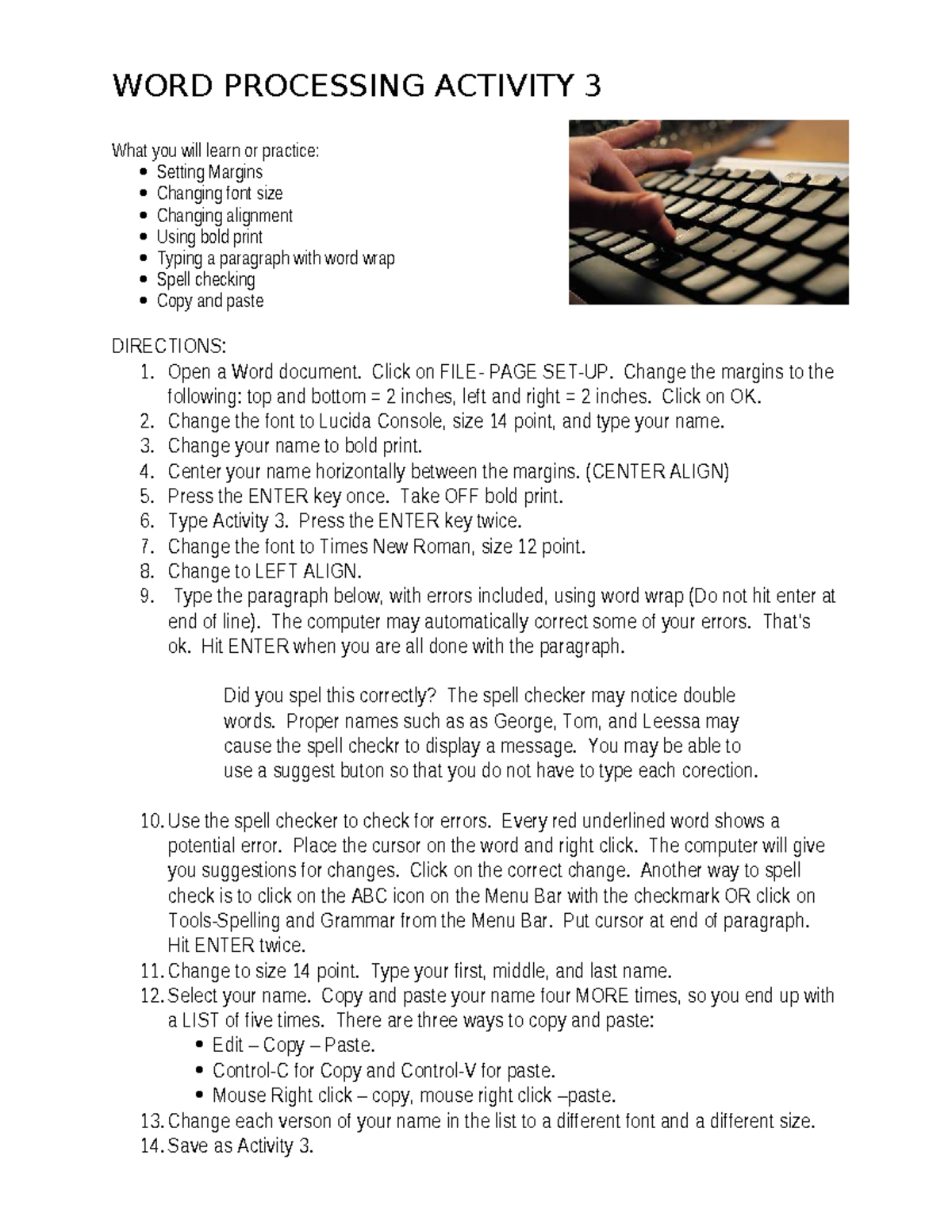 WORD PROCESSING ACTIVITY 3: Formatting & Spell Check Practice - Studocu